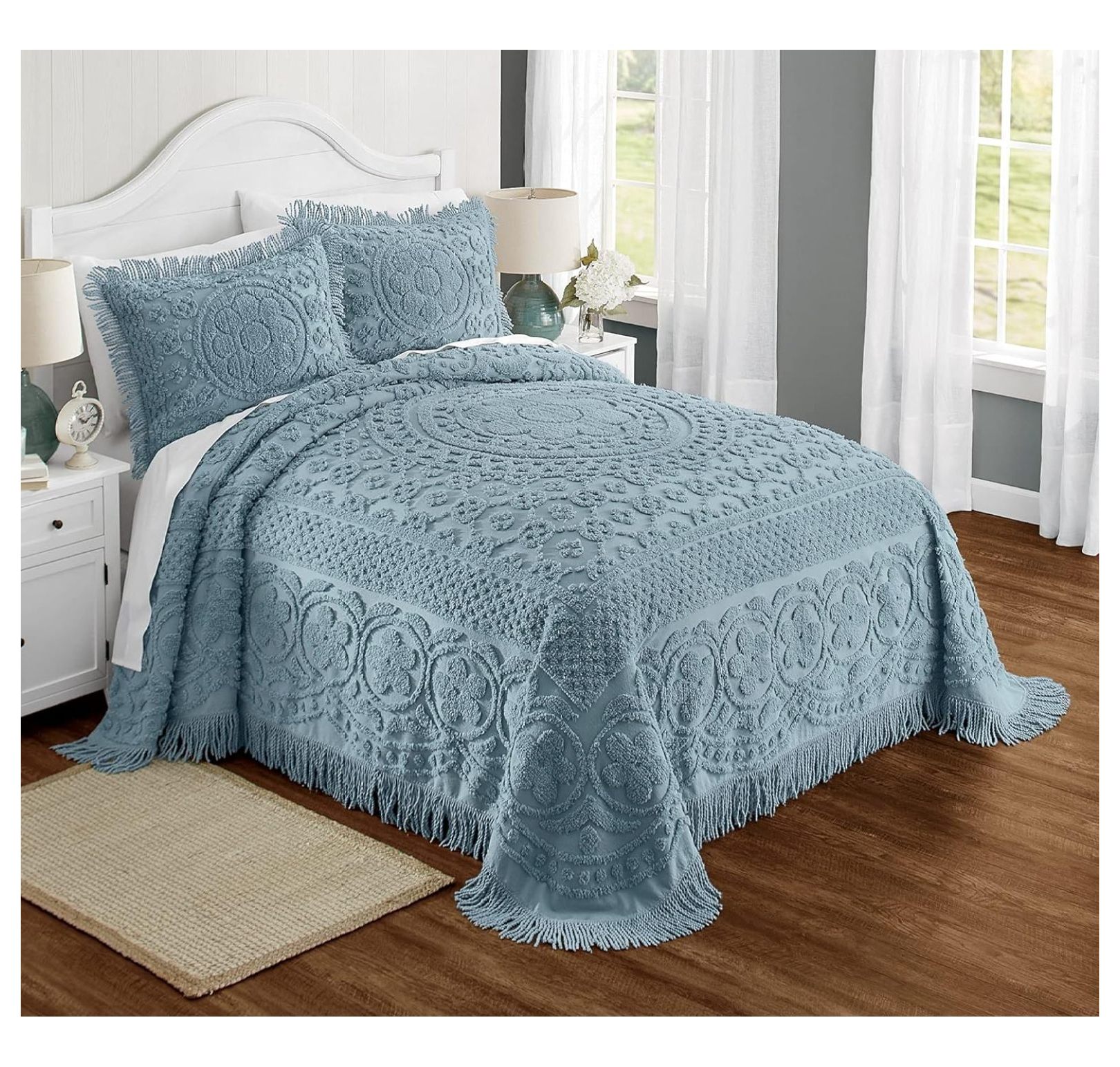Li shun jin Emily Floral Chenille Bedspread, Soft Cotton Comforter, Full Size Quilt in Blue ...