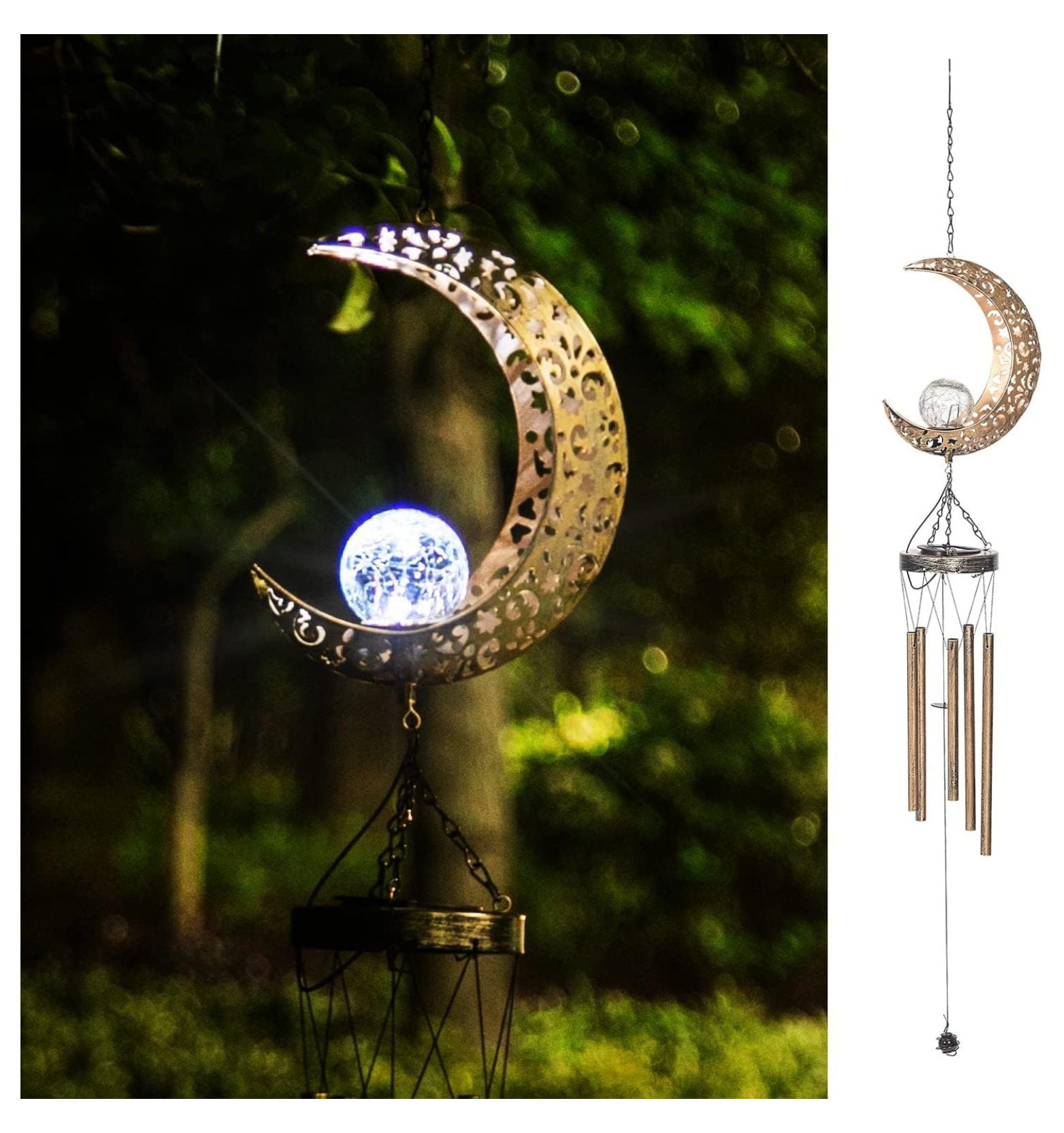 Li shun jin Moon Wind Chimes with Crackle Glass Solar Powered LED ...
