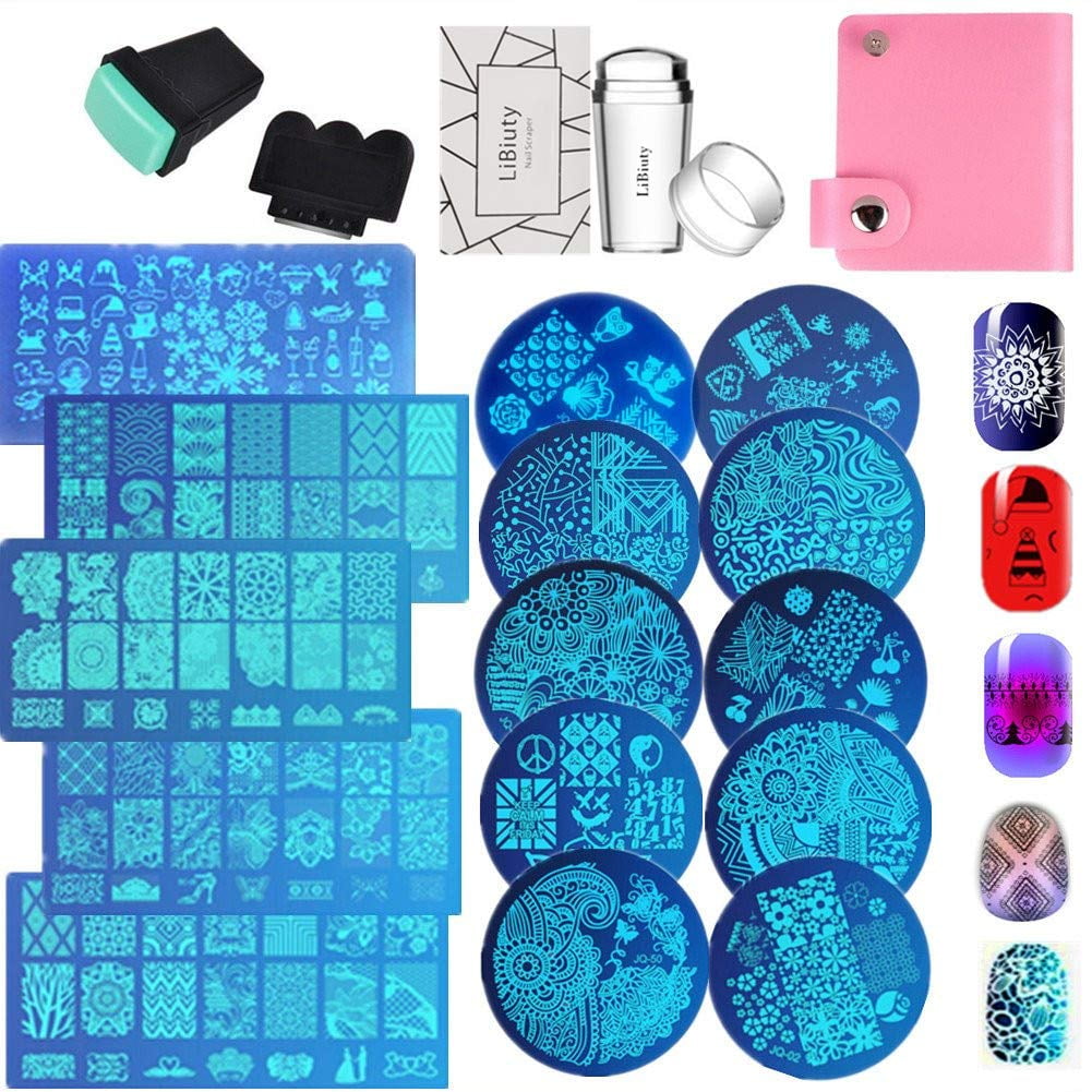 LiBiuty 15pcs Nail Stamp Plates set 15 plate 2Stamper 2Scraper 1storage ...