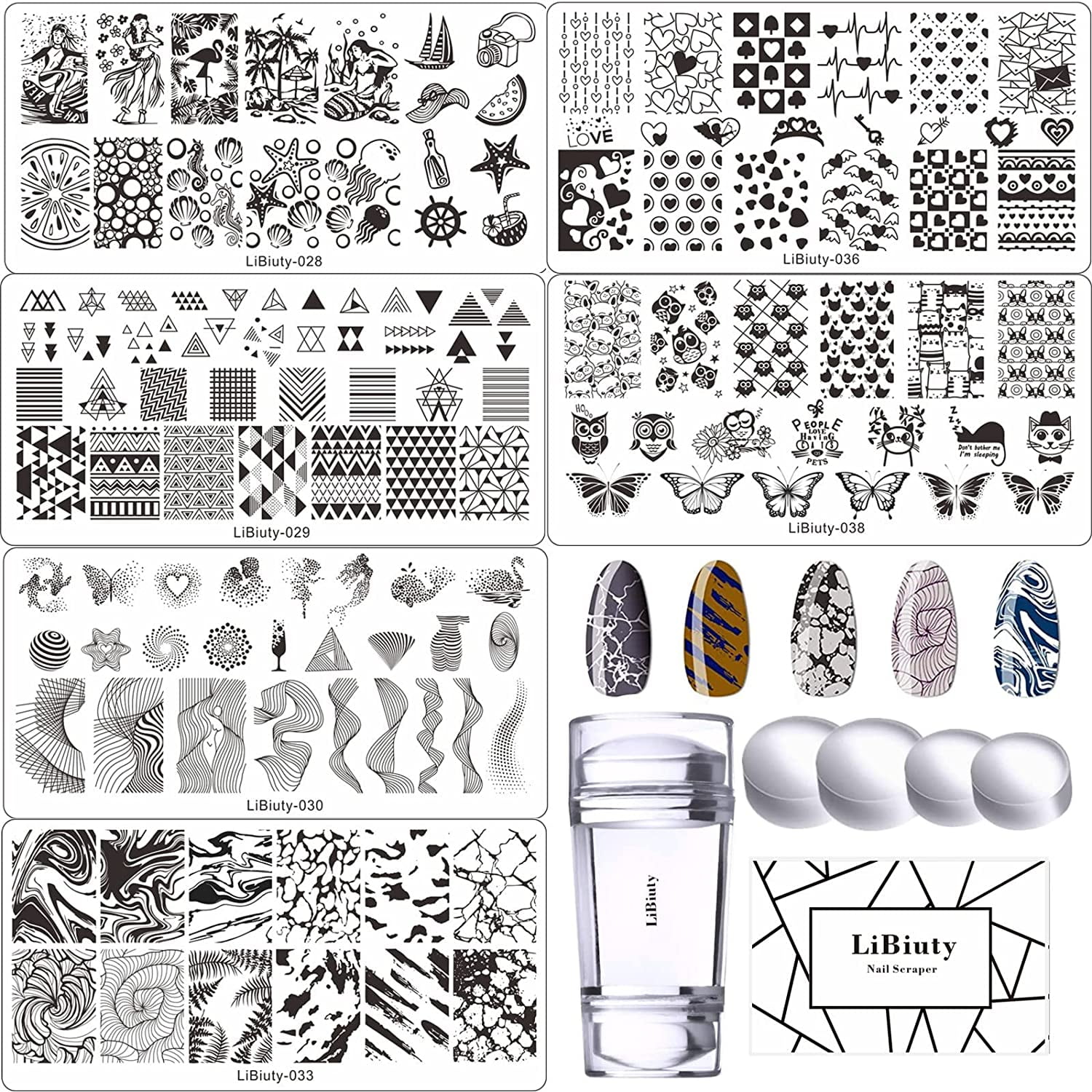 LiBiuty Nail Art Stamping Plates 6Pcs Nail Plates with Dual Head ...