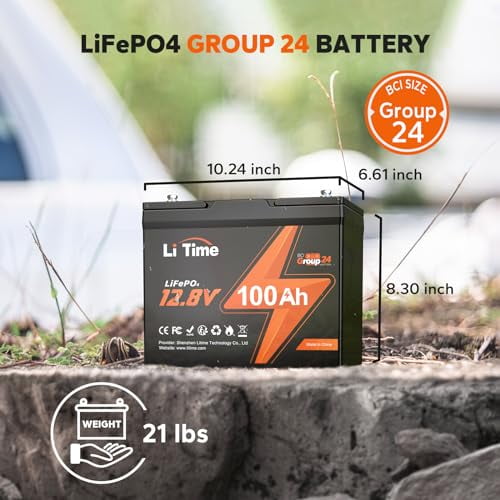 LiTime 12V 100Ah BCI Group 24 LiFePO4 Battery, 100A BMS Rechargeable Lithium Battery with Up to ...