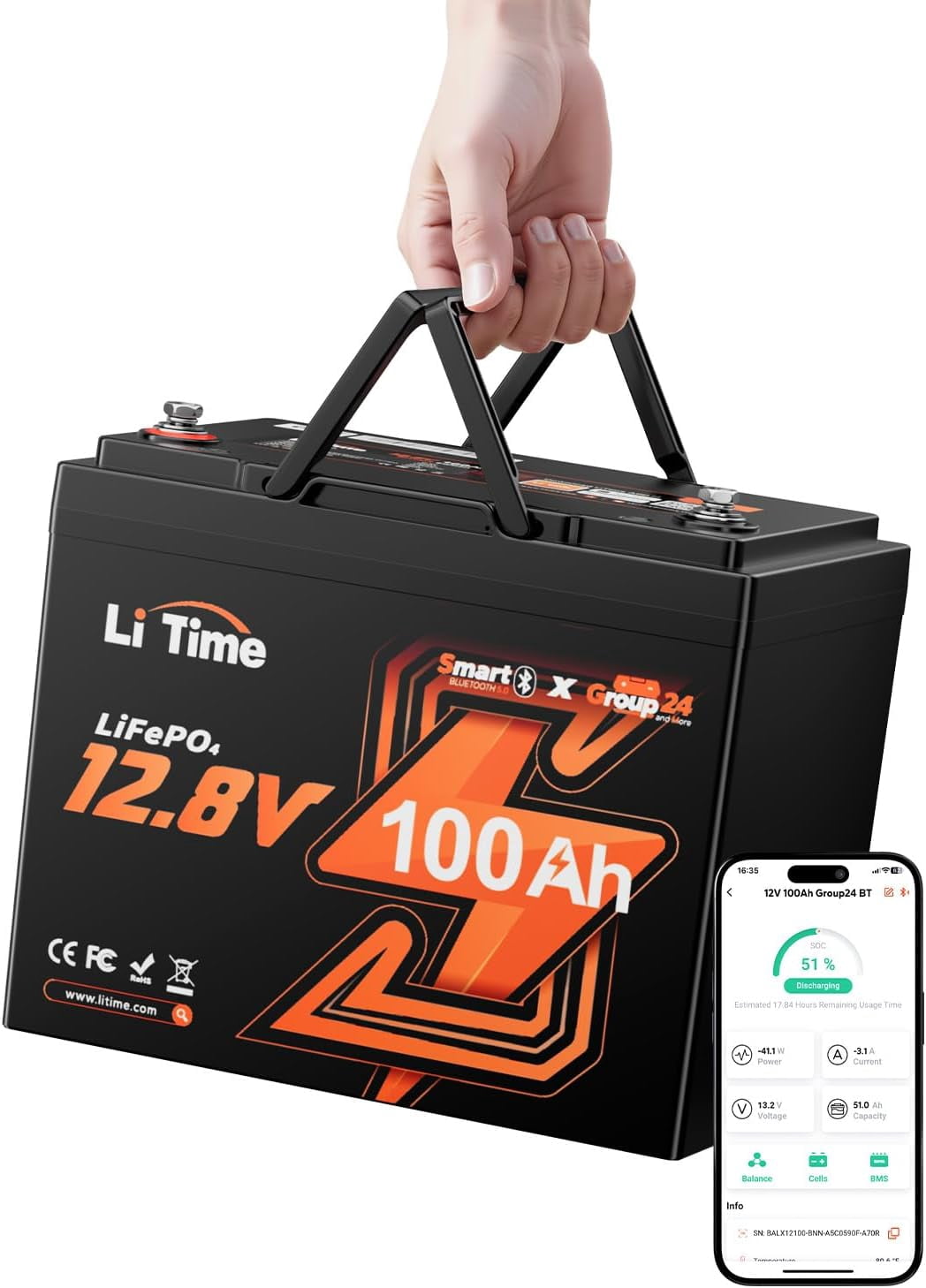 LiTime 12V 100Ah RV Group 24 Bluetooth LiFePO4 Lithium Deep Cycle ...