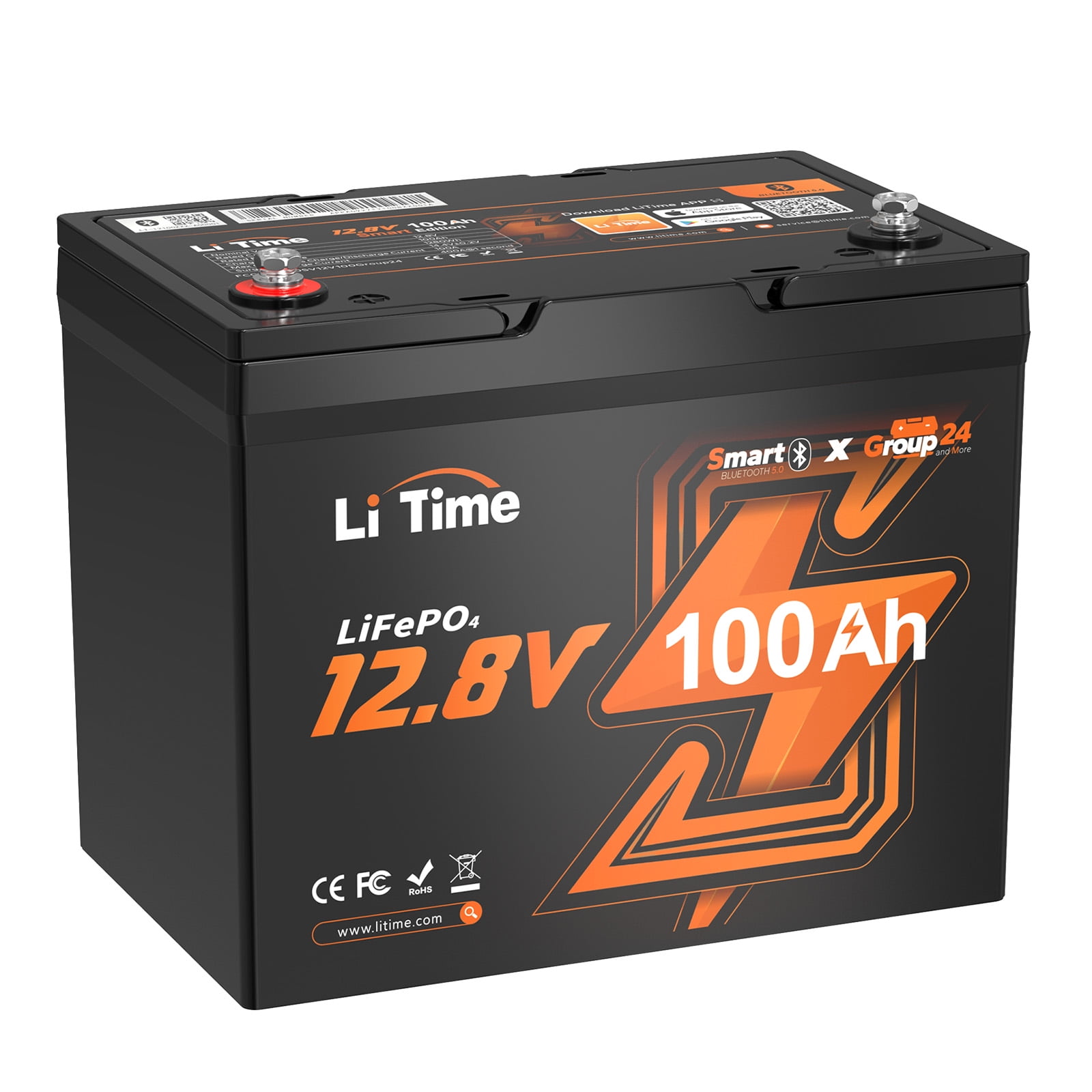 LiTime 12V 100Ah Group 24 Bluetooth LiFePO4 Lithium Deep Cycle Battery ...