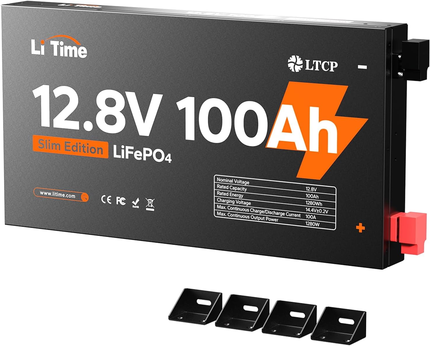 LiTime 12V 100Ah Slim LiFePO4 Battery-2.36" Ultra-Thin Design, Built-in ...