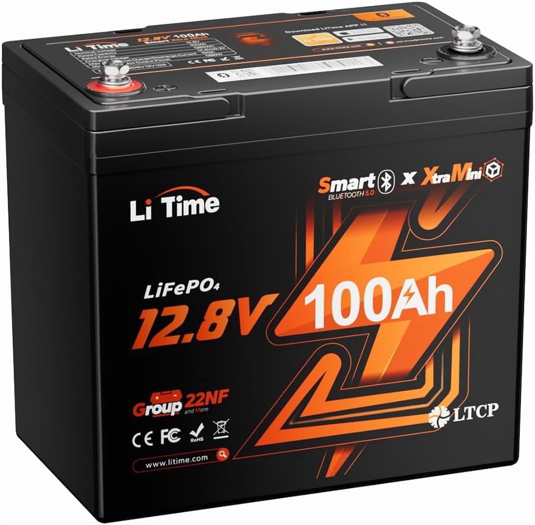 LiTime 12V 100Ah Mini Size Bluetooth LiFePO4 Battery, 4000+ Deep Cycle ...