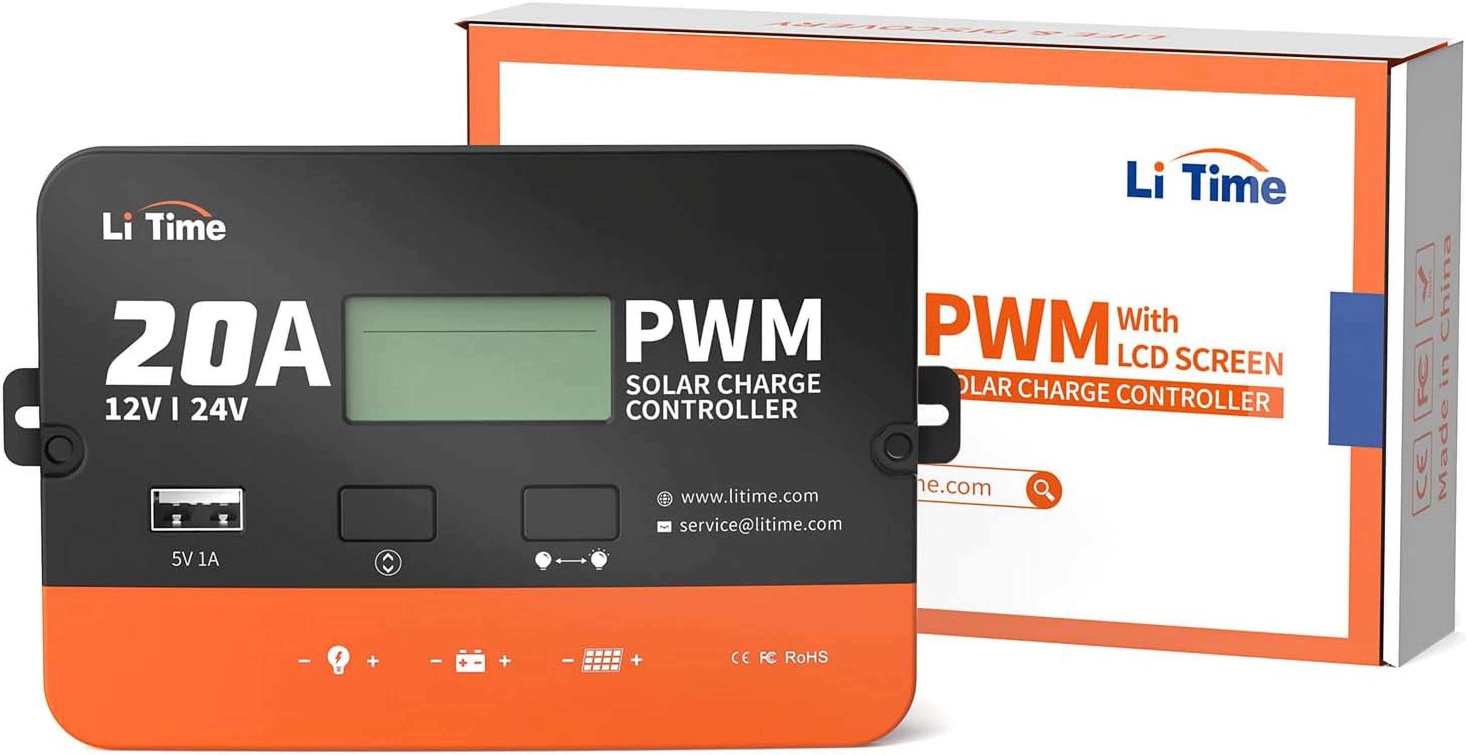 LiTime 20Amp PWM 12V/24V Solar Charge Controller with LCD Display for ...