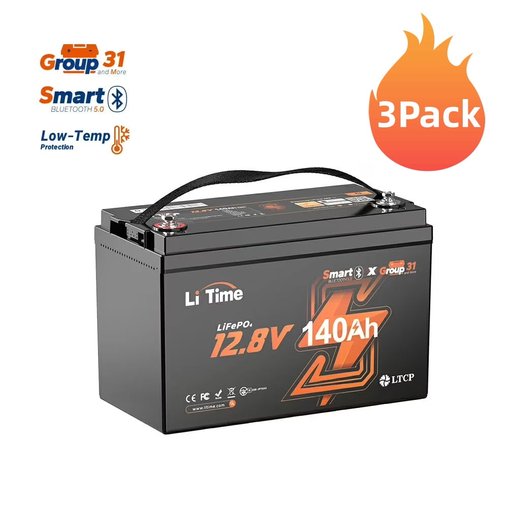 LiTime 3 Pack 12V 140Ah Bluetooth LiFePO4 Lithium Battery 150A BMS deep ...