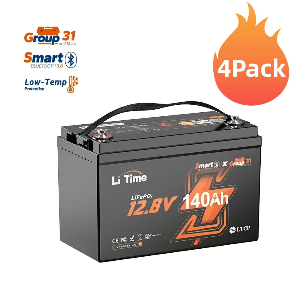 LiTime 4 Pack 12V 140Ah Bluetooth LiFePO4 Lithium Battery 150A BMS deep ...