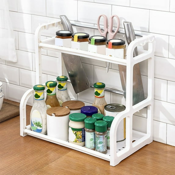 LiUMX Double-Tier Kitchen Storage Rack - White/Coffee Plastic Spice ...