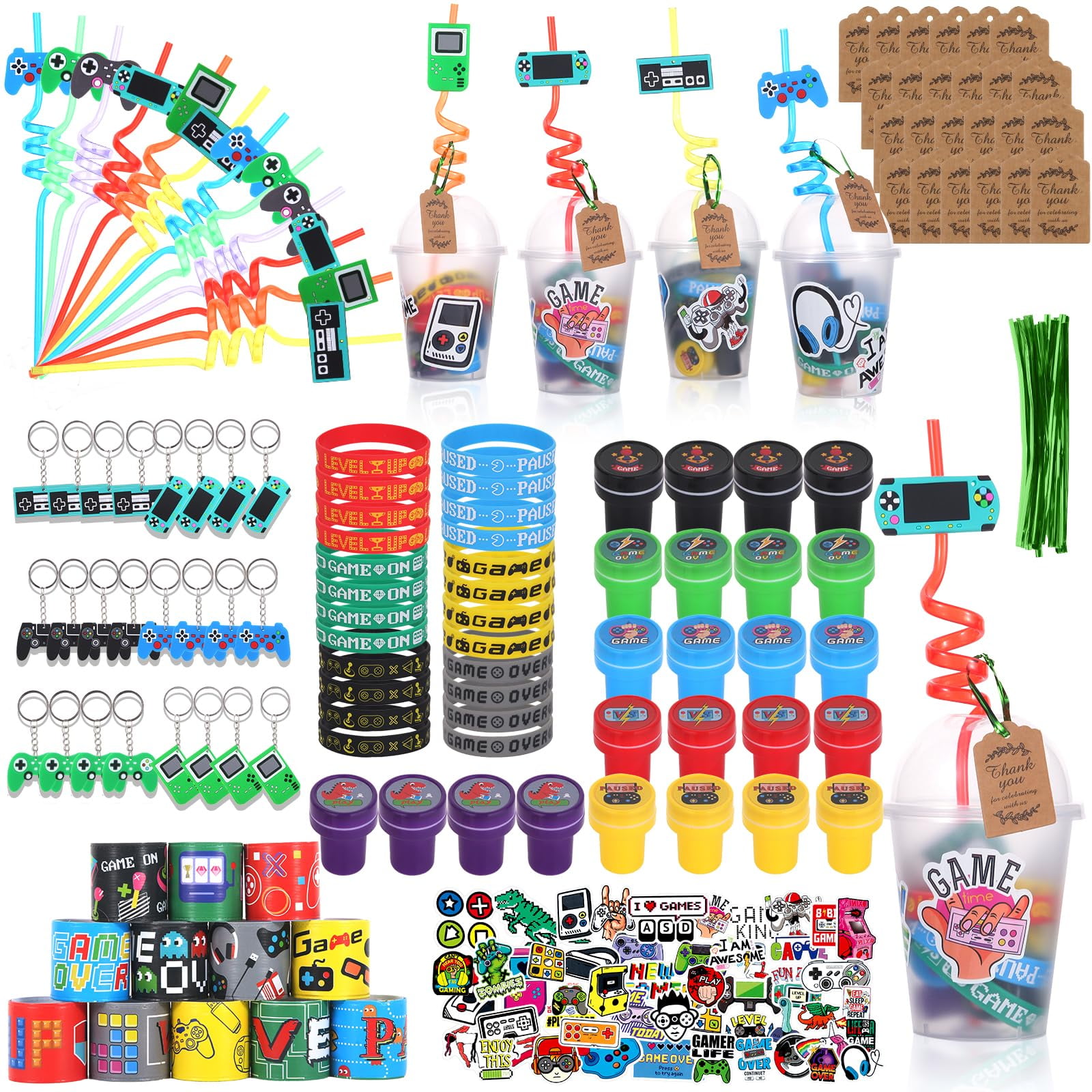 LiYiQ 292 Pcs Video Game Party Favors With Reusable Drinking Straws ...