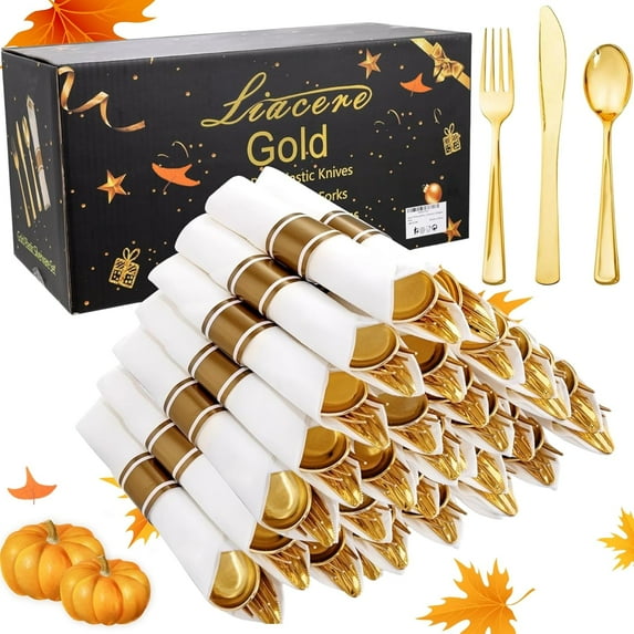 Liacere 100Pack Pre Rolled Gold Silverware and Napkin-Disposable Gold ...