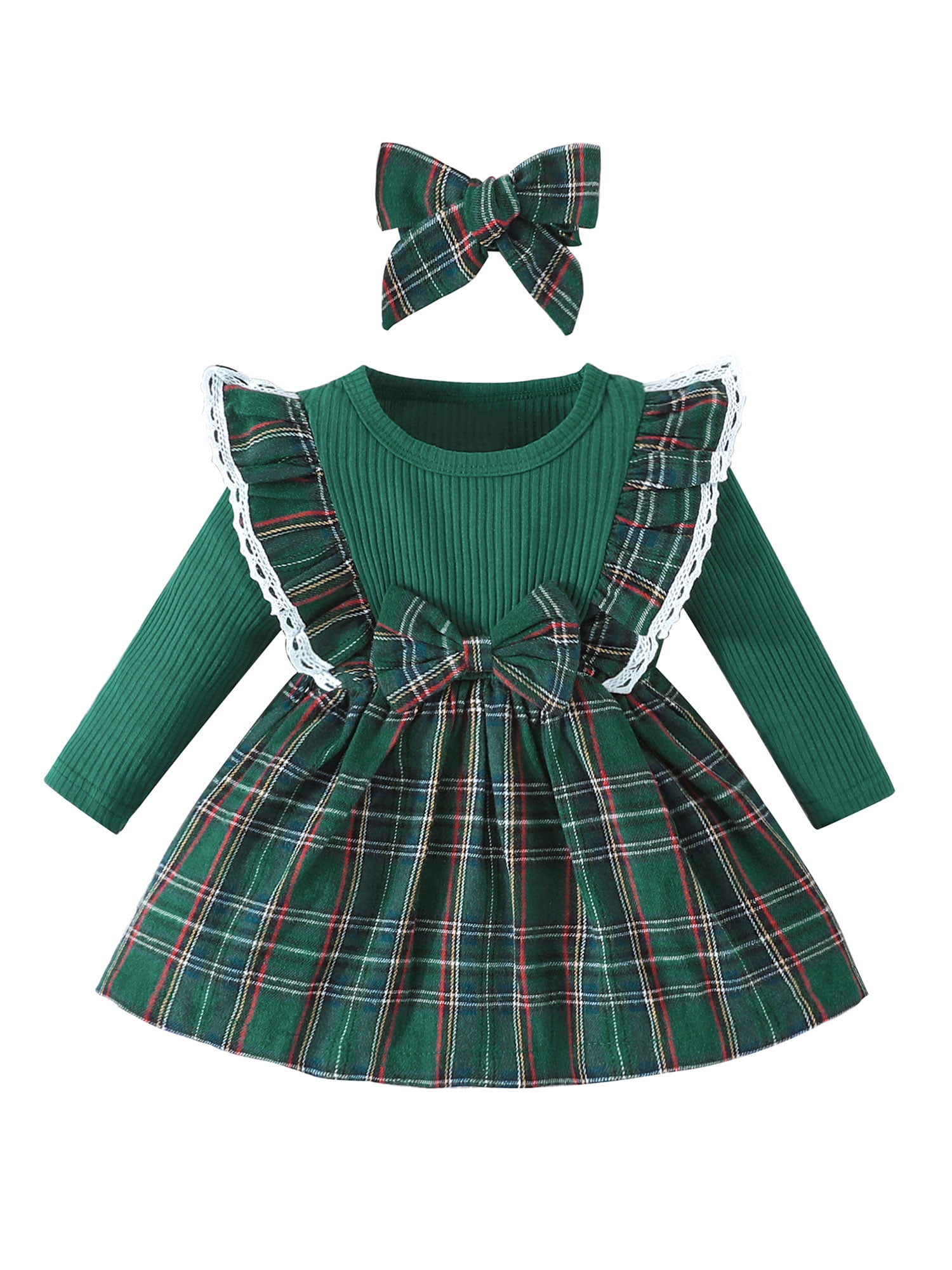 Liacowi Baby Girls Dress Christm Clothes Plaid Patchwork Crew Neck Long ...