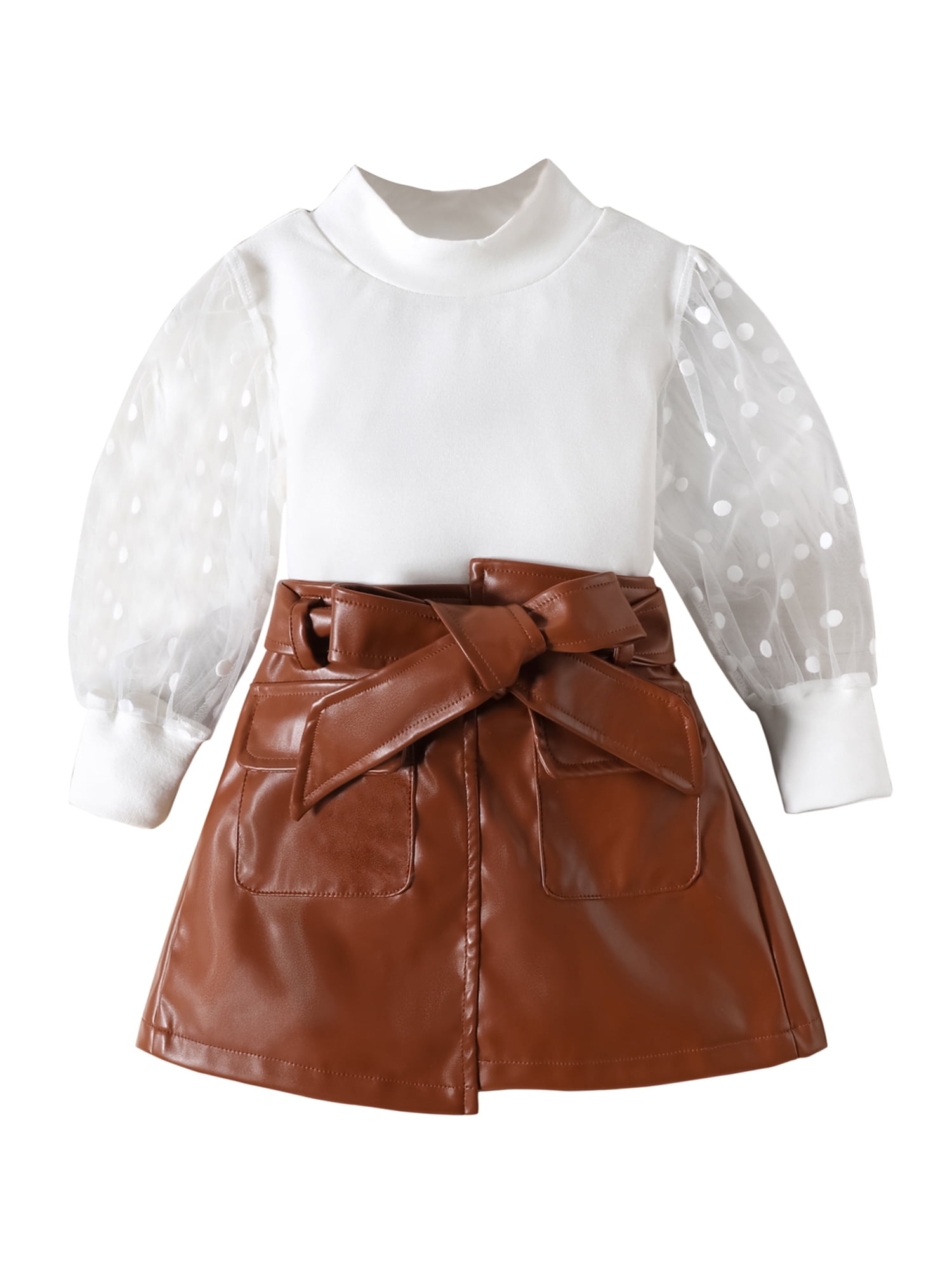 Liacowi Girls Skirt Outfits Mesh Long Sleeve Mock Neck Tops and PU ...