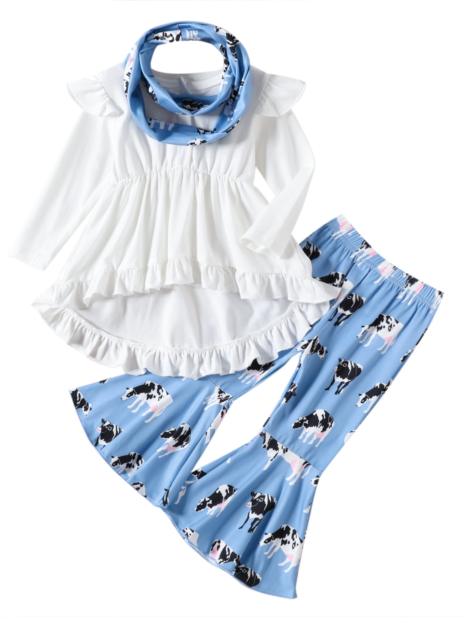Liacowi Little Girls Pants Set Flying Sleeve Ruffles Trim Shirt and Cow ...