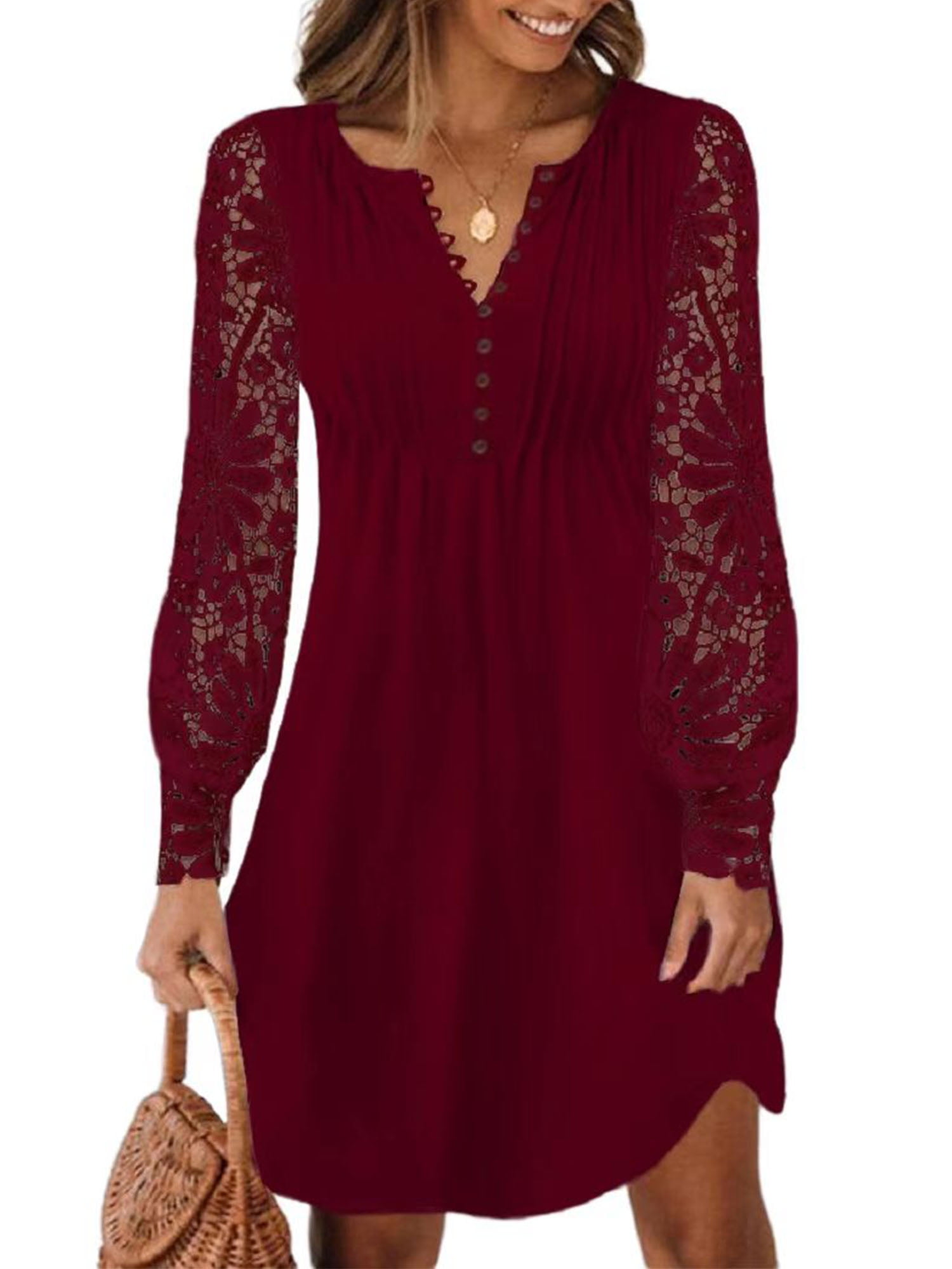 Liacowi Plus Size Women Fall Dress Floral Lace Long Sleeve Mini Dress ...