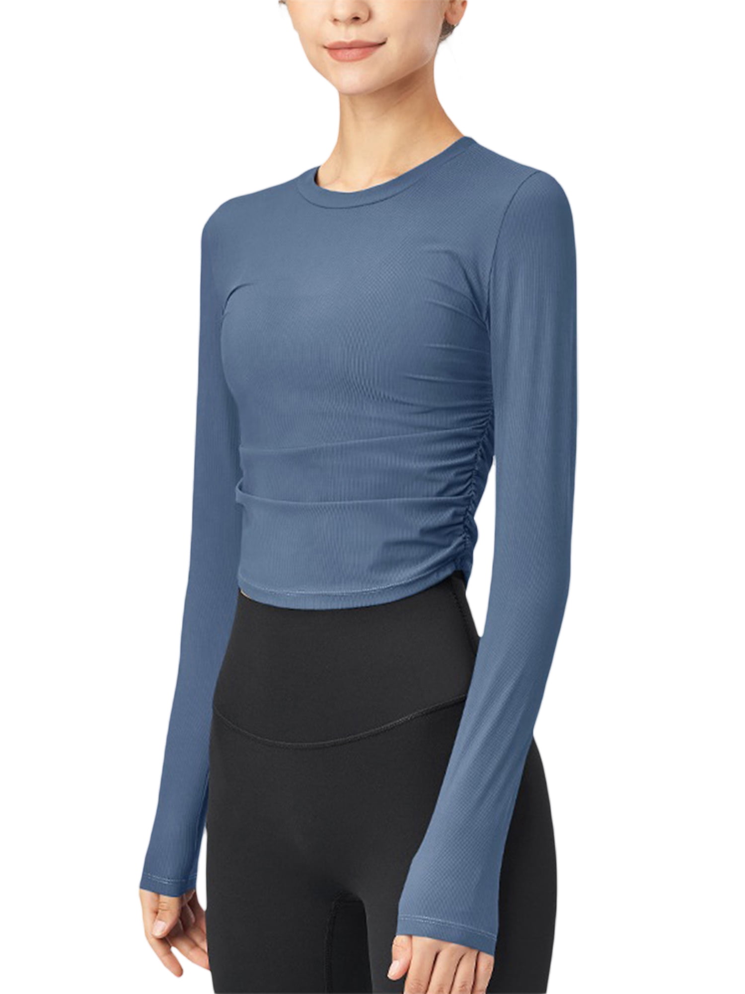 Liacowi Women Cropped Workout Tops Solid Color Ruched Long Sleeve Yoga ...