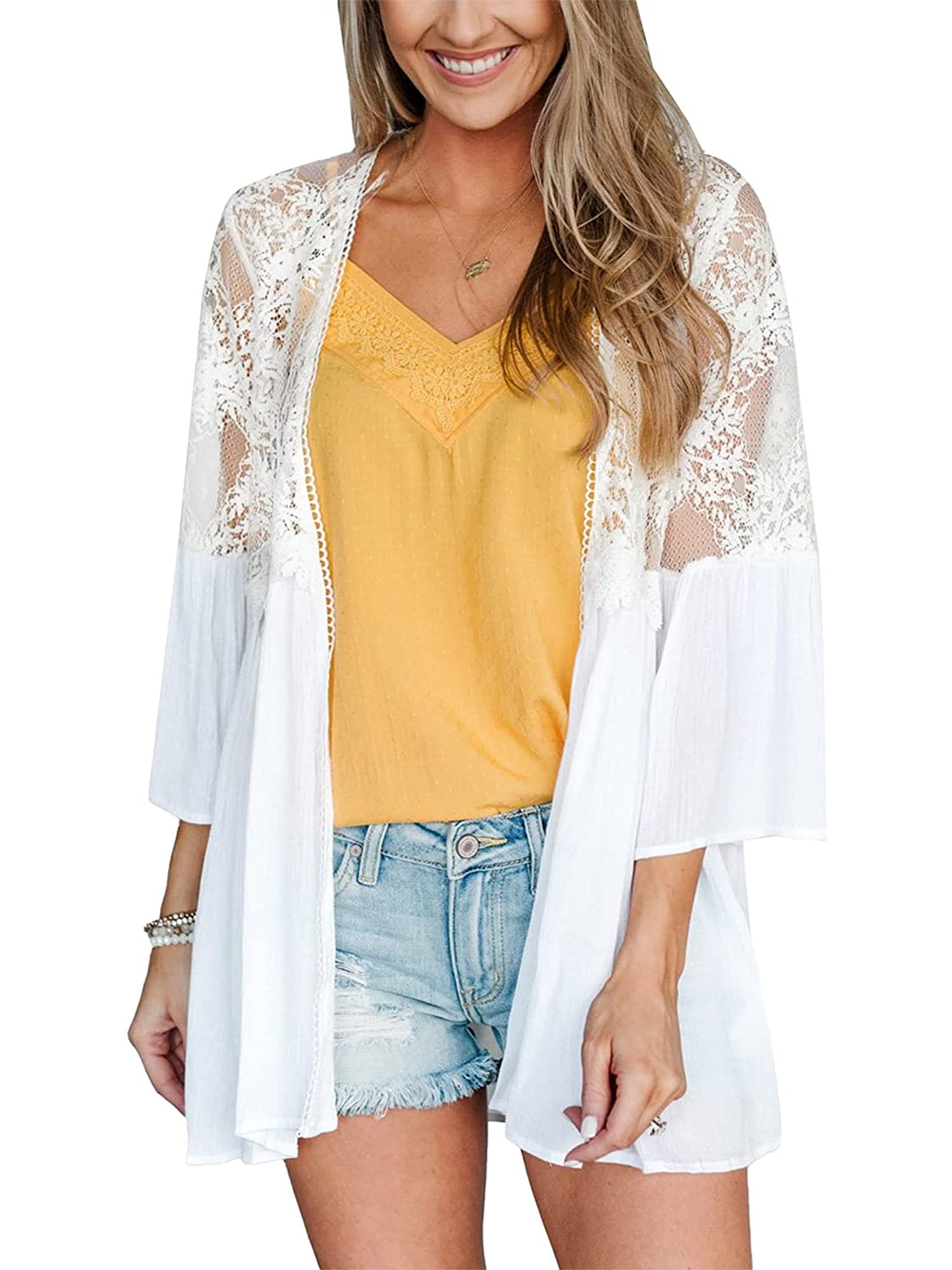 Liacowi Women Lace Open Front Cardigan Casual Bell Sleeve Crochet Sheer ...