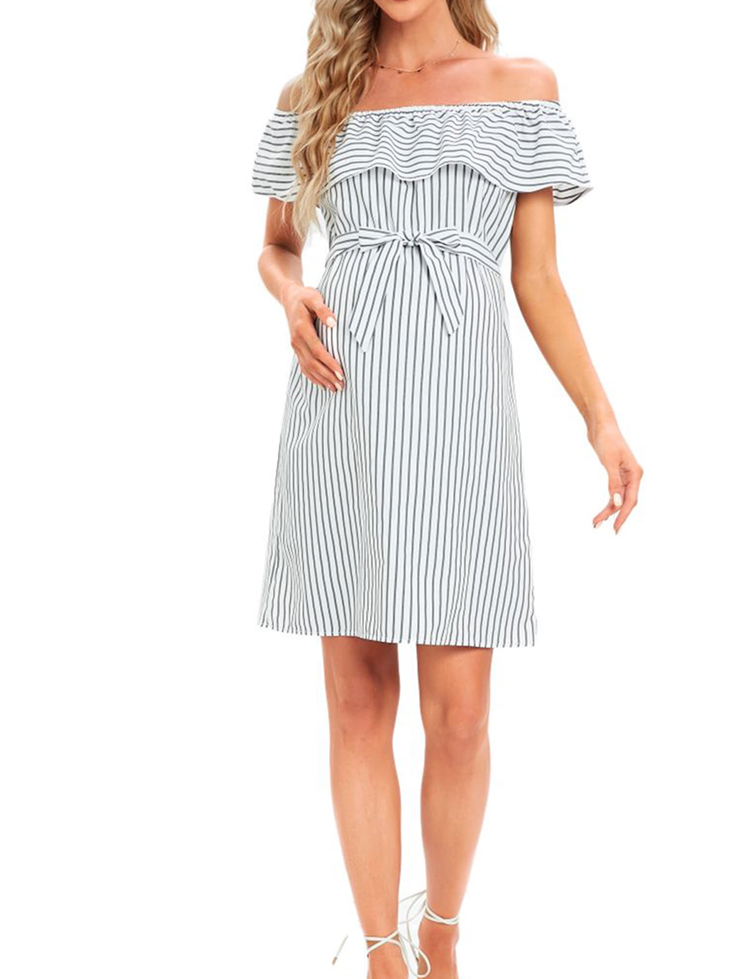 Liacowi Women Maternity Dress Off-Shoulder Casual A-Line Striped Short ...