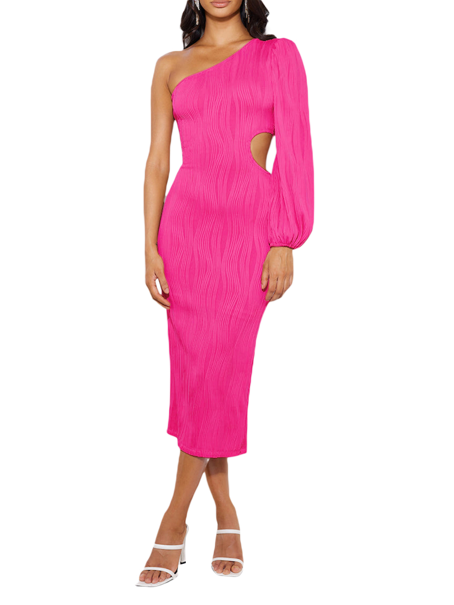 Liacowi Women Midi Dress Elegant Pleated One Shoulder Cut Out Solid ...