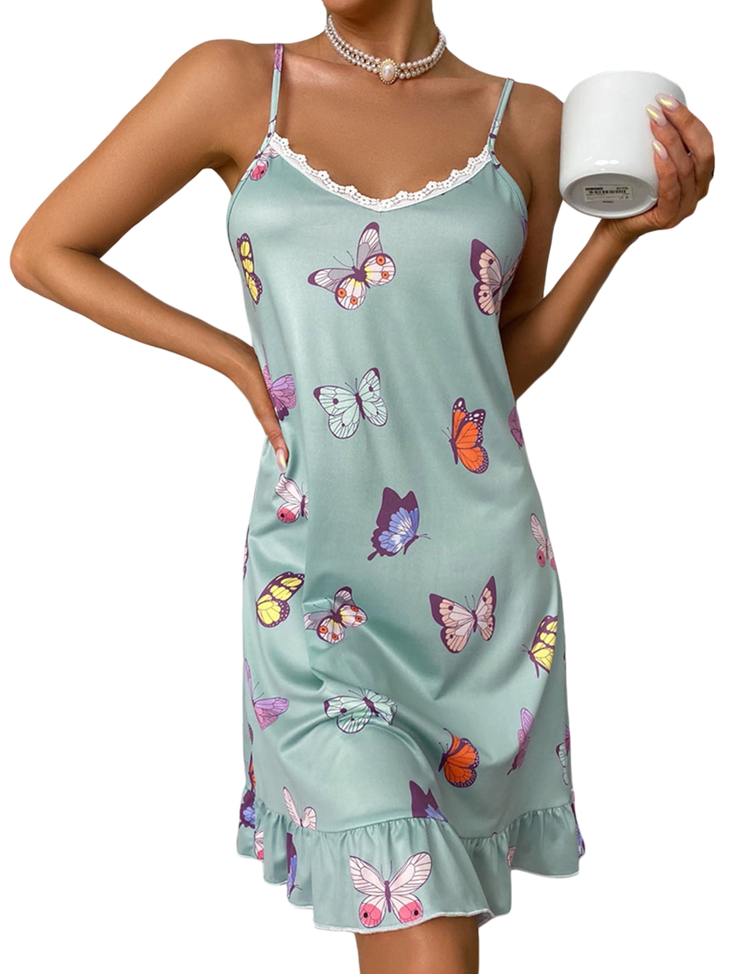 Liacowi Women Nightgown Sleep Dress Butterfly Print Sleeveless ...