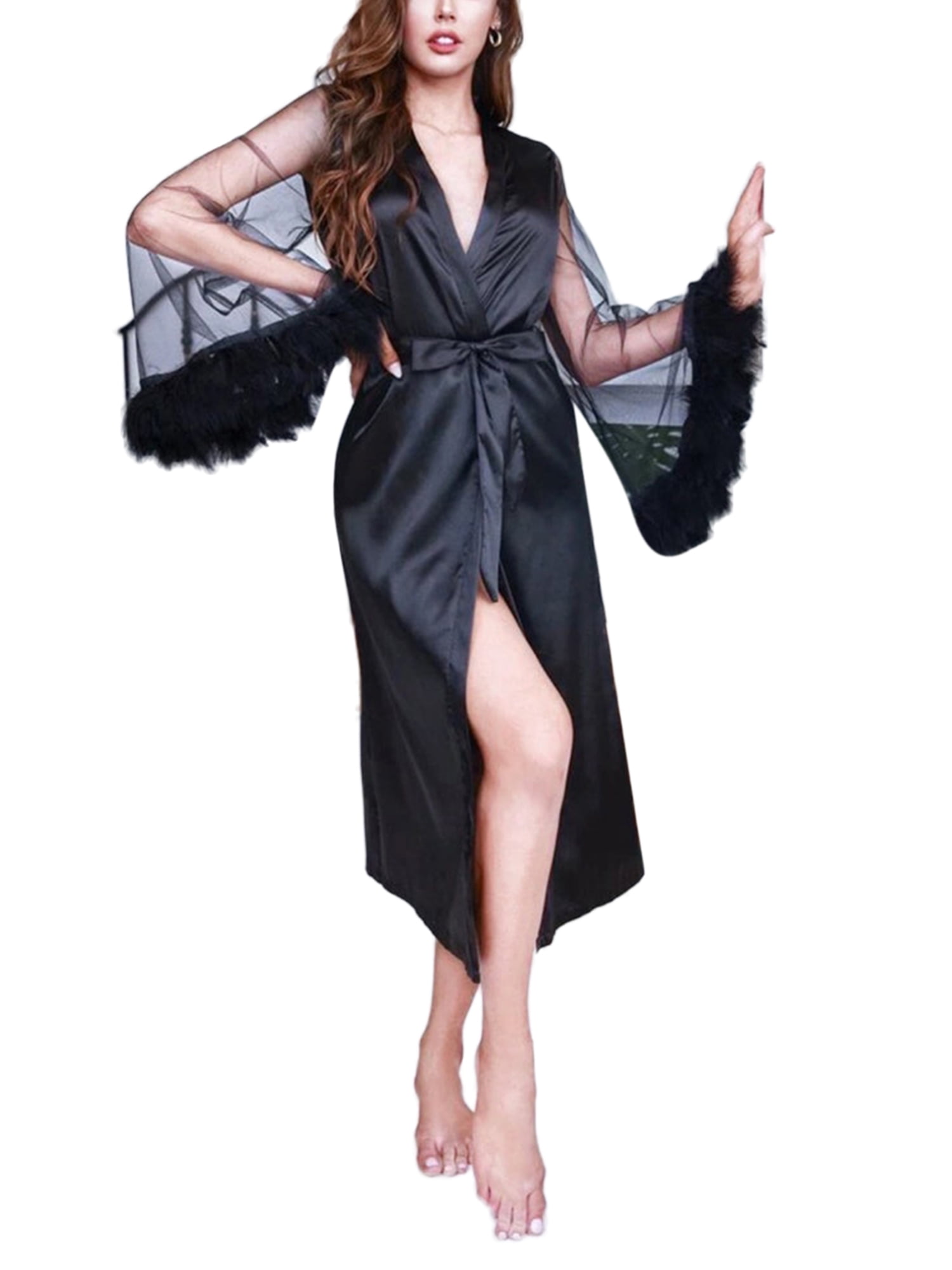 Liacowi Women Nightwear Bathrobe Solid Mesh Sheer Flared Long Sleeve ...