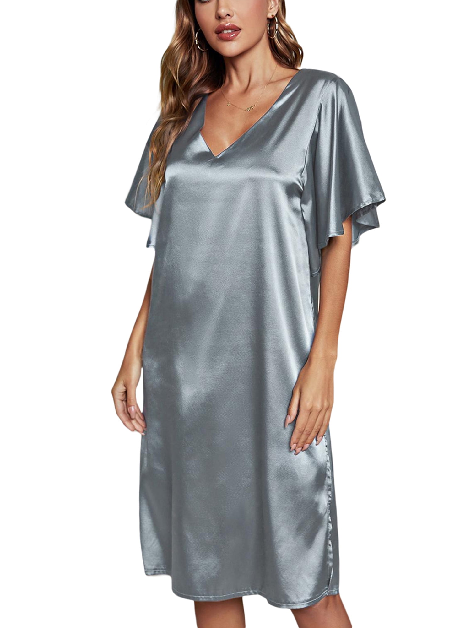 Liacowi Women Satin Nightgown Sleep Dress V Neck Short Sleeve Sleepwear ...