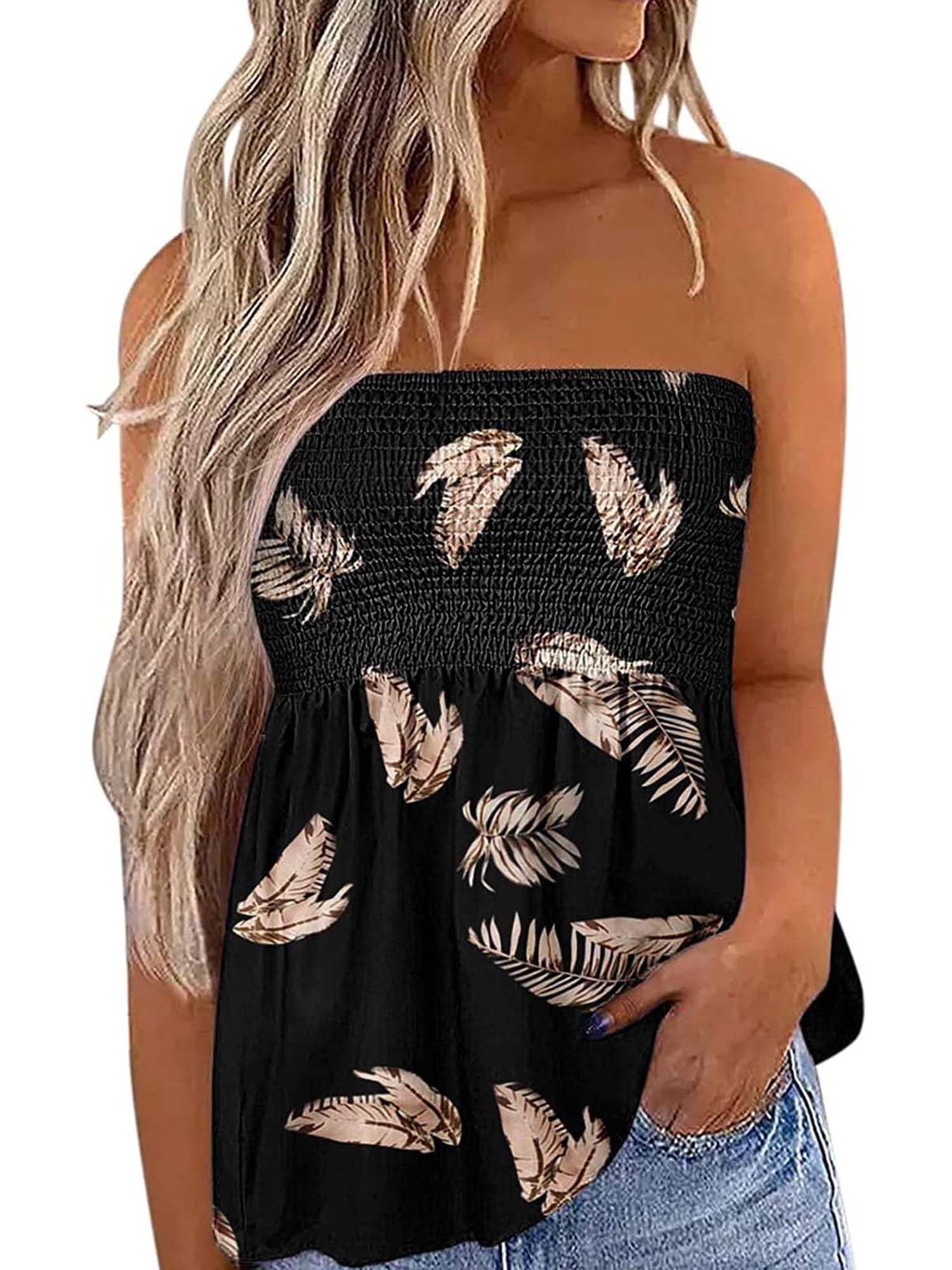 Liacowi Women Sexy Strapless Tube Tops Sleeveless Floral Print Pleated