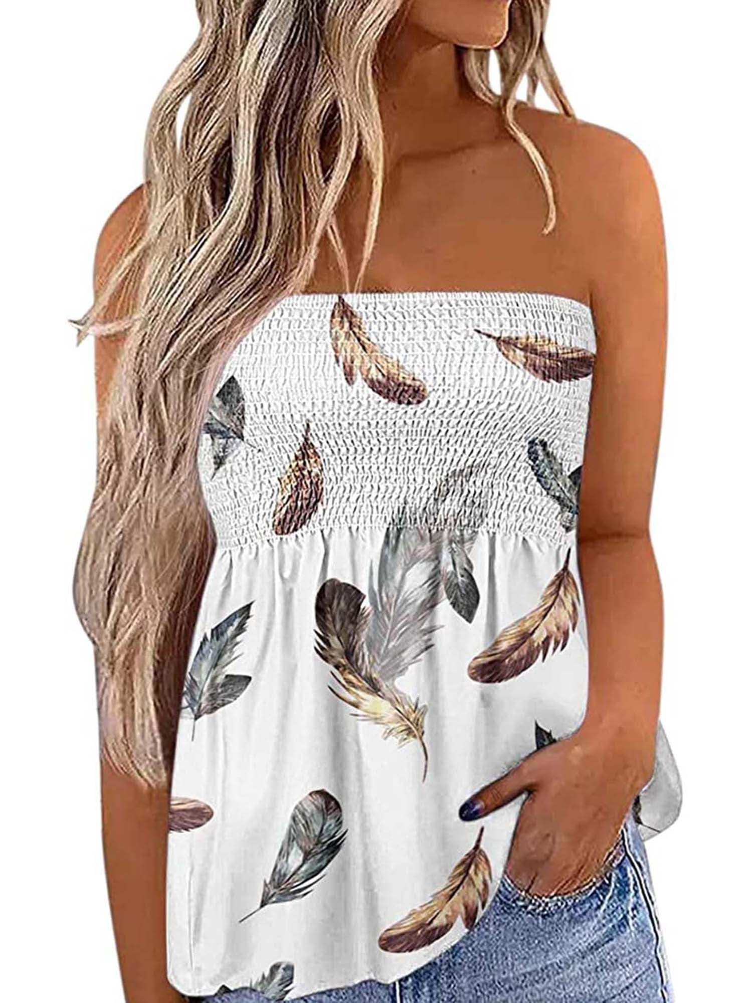 Liacowi Women Sexy Strapless Tube Tops Sleeveless Floral Print Pleated