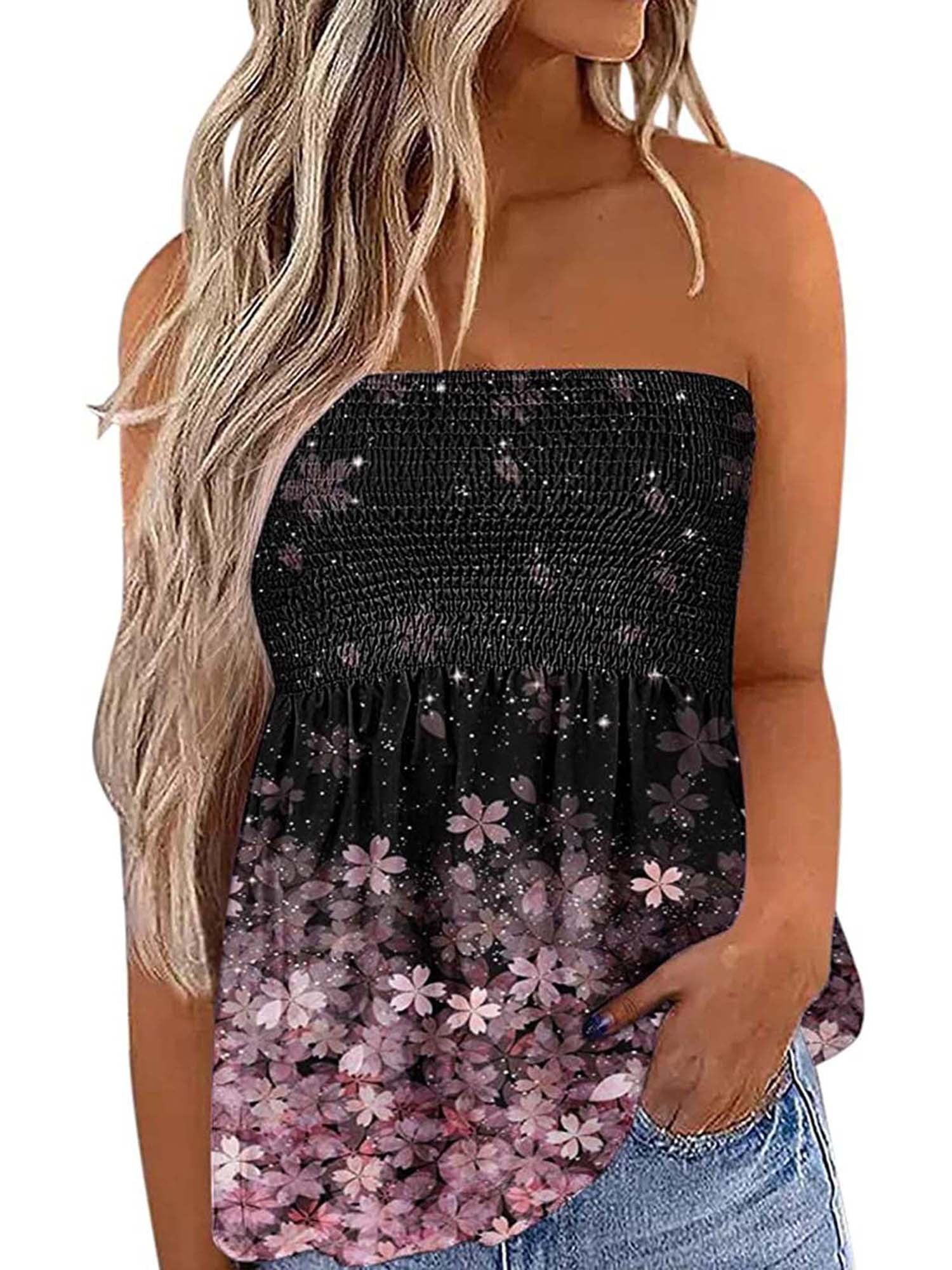 Liacowi Women Sexy Strapless Tube Tops Sleeveless Floral Print Pleated ...
