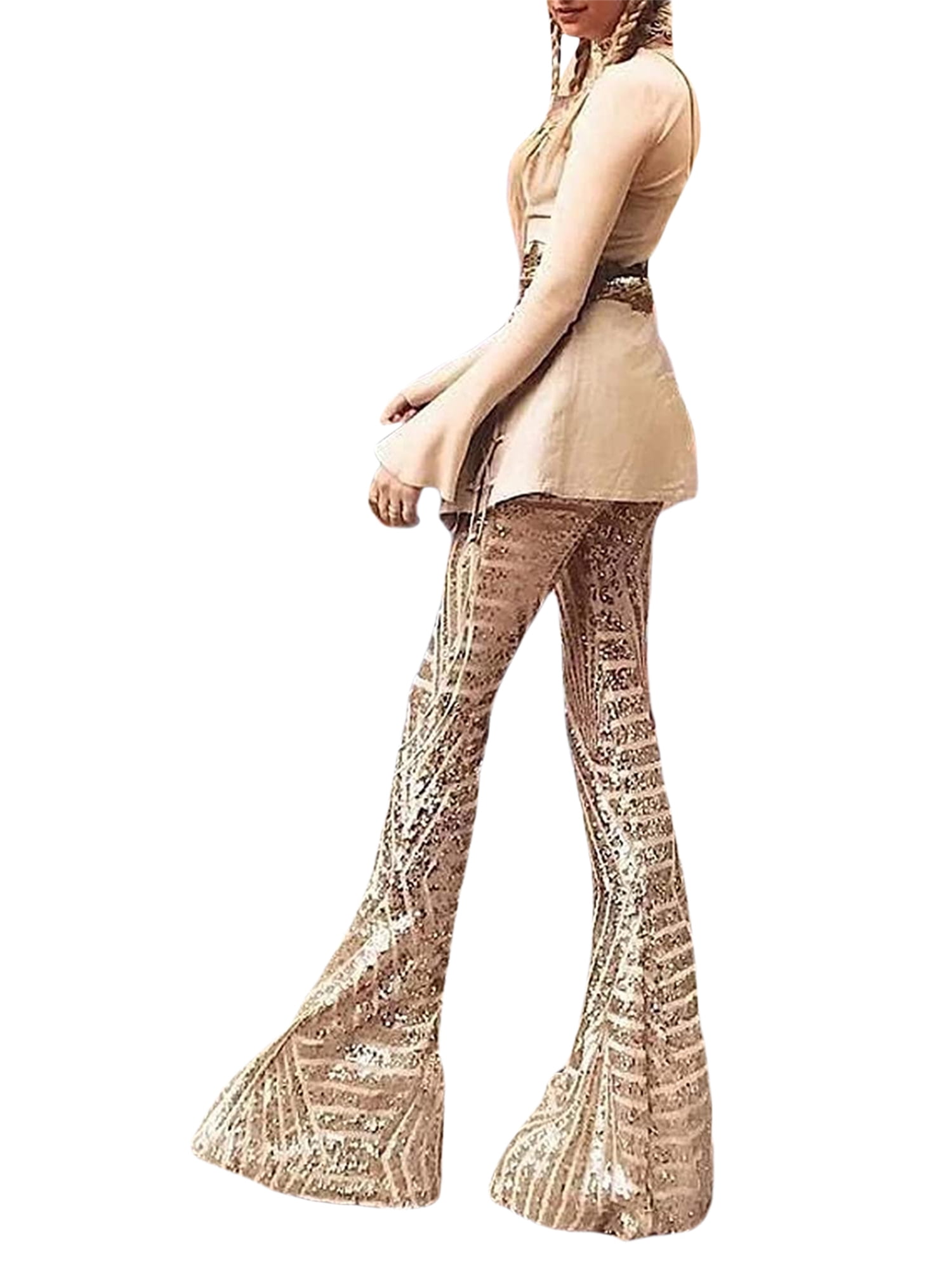 Liacowi Women 's High Waist Sequin Sparkle Pants Wide Leg Bell Bottom ...