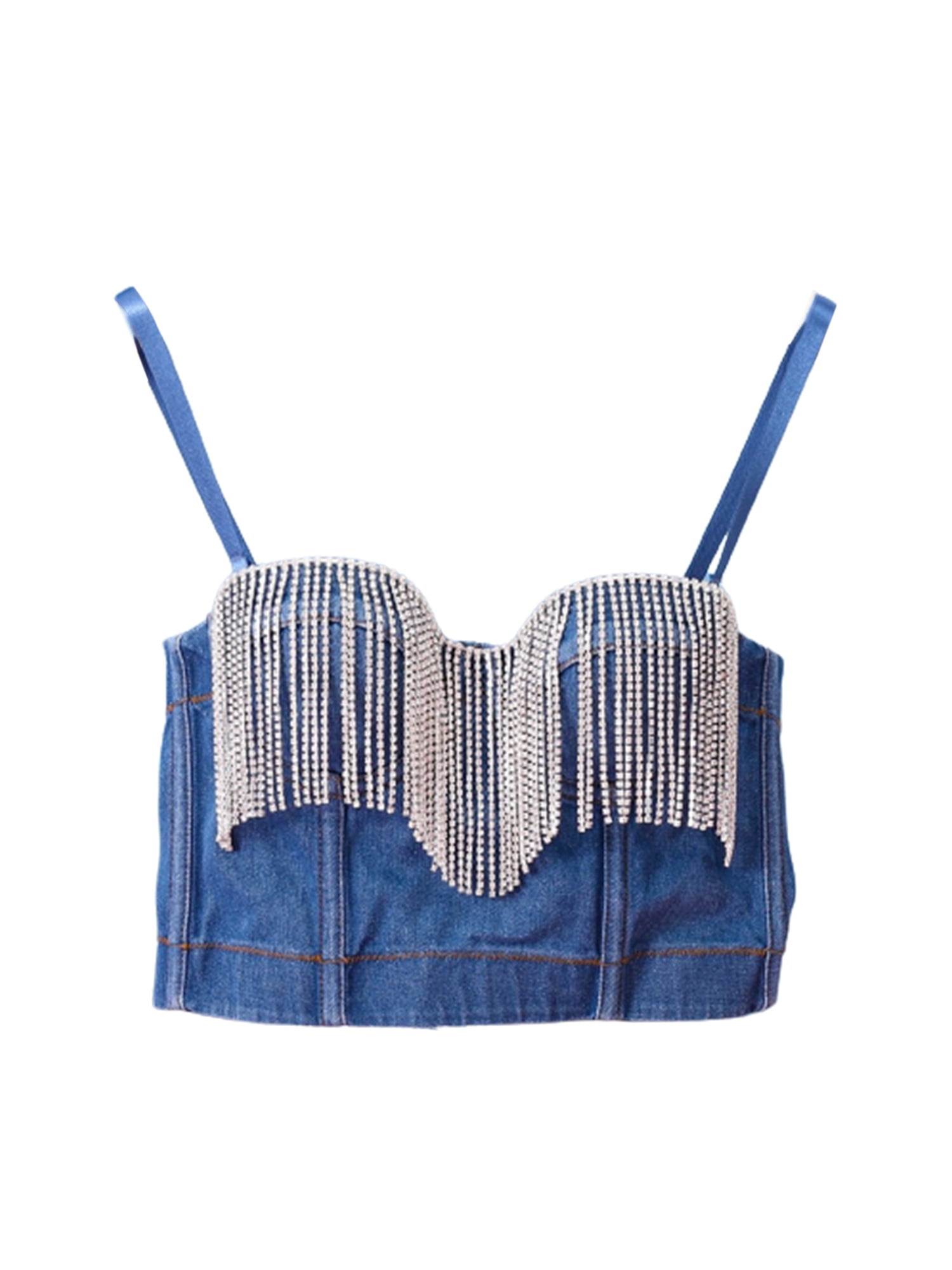 Liacowi Women's Tassel Rhinestone Denim Bustier Crop Top Jean Corset ...