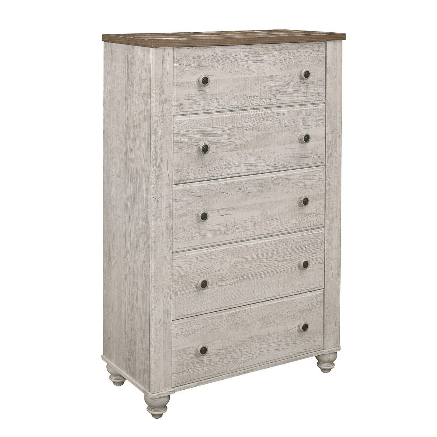 Liam 53 Inch Rustic Wood Chest, 5 Drawers, Antique White and Brown ...