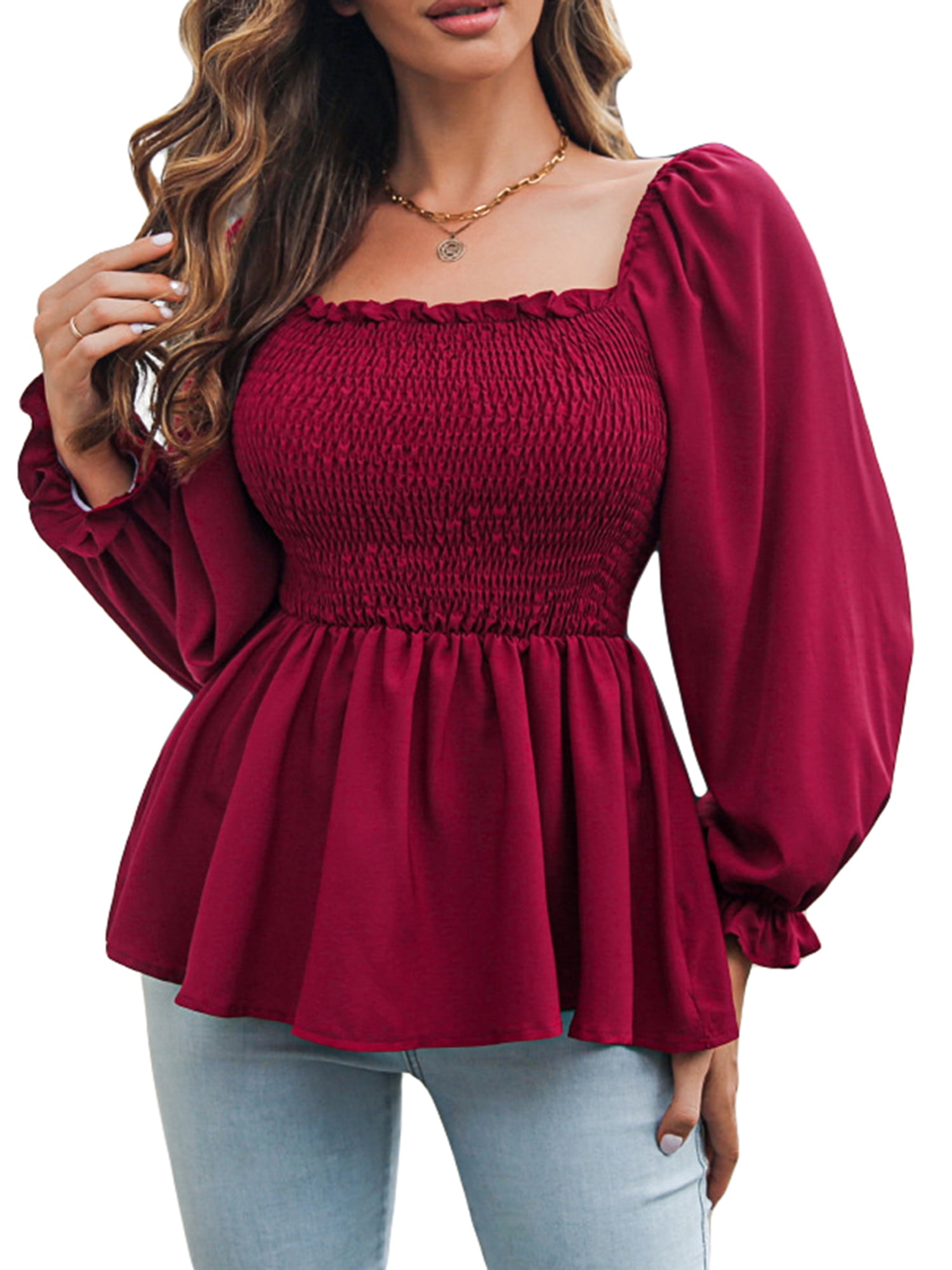 Liangchengmei Blouses for Women Puff Long Sleeve Square Neck Tops Off ...