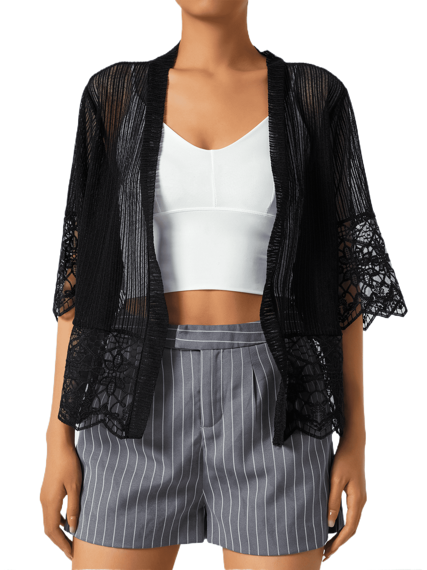 Liangchengmei Lace Sheer Cardigan Short Sleeve Ruffle Open Front Tops ...