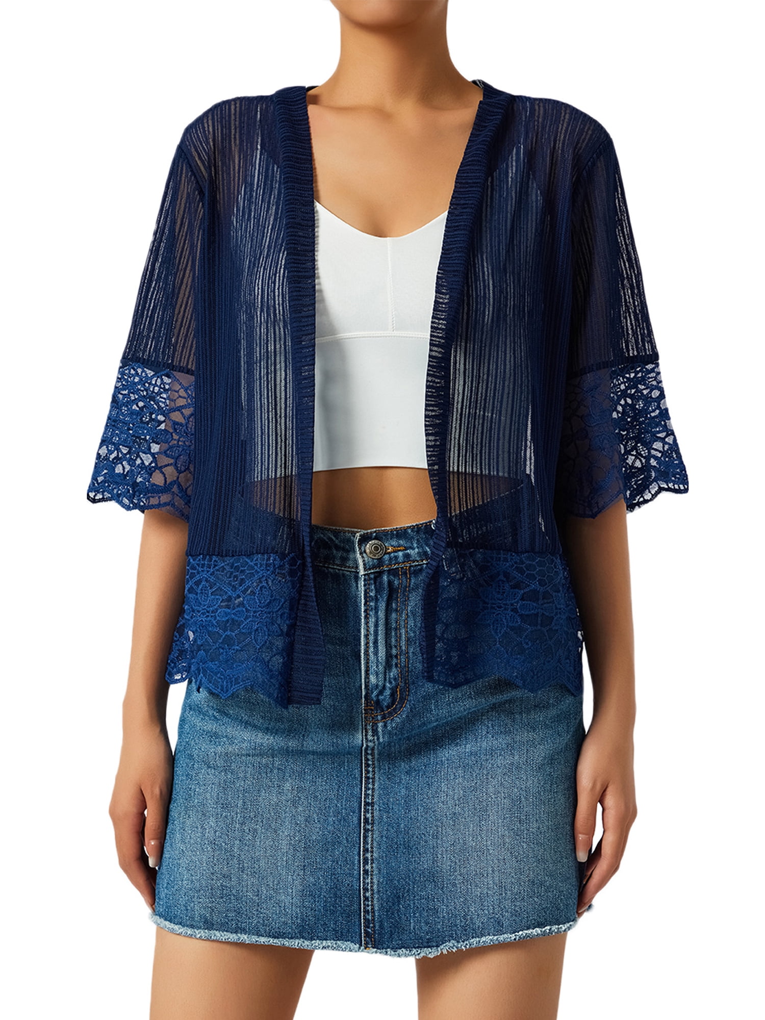 Liangchengmei Lace Sheer Cardigan Short Sleeve Ruffle Open Front Tops ...