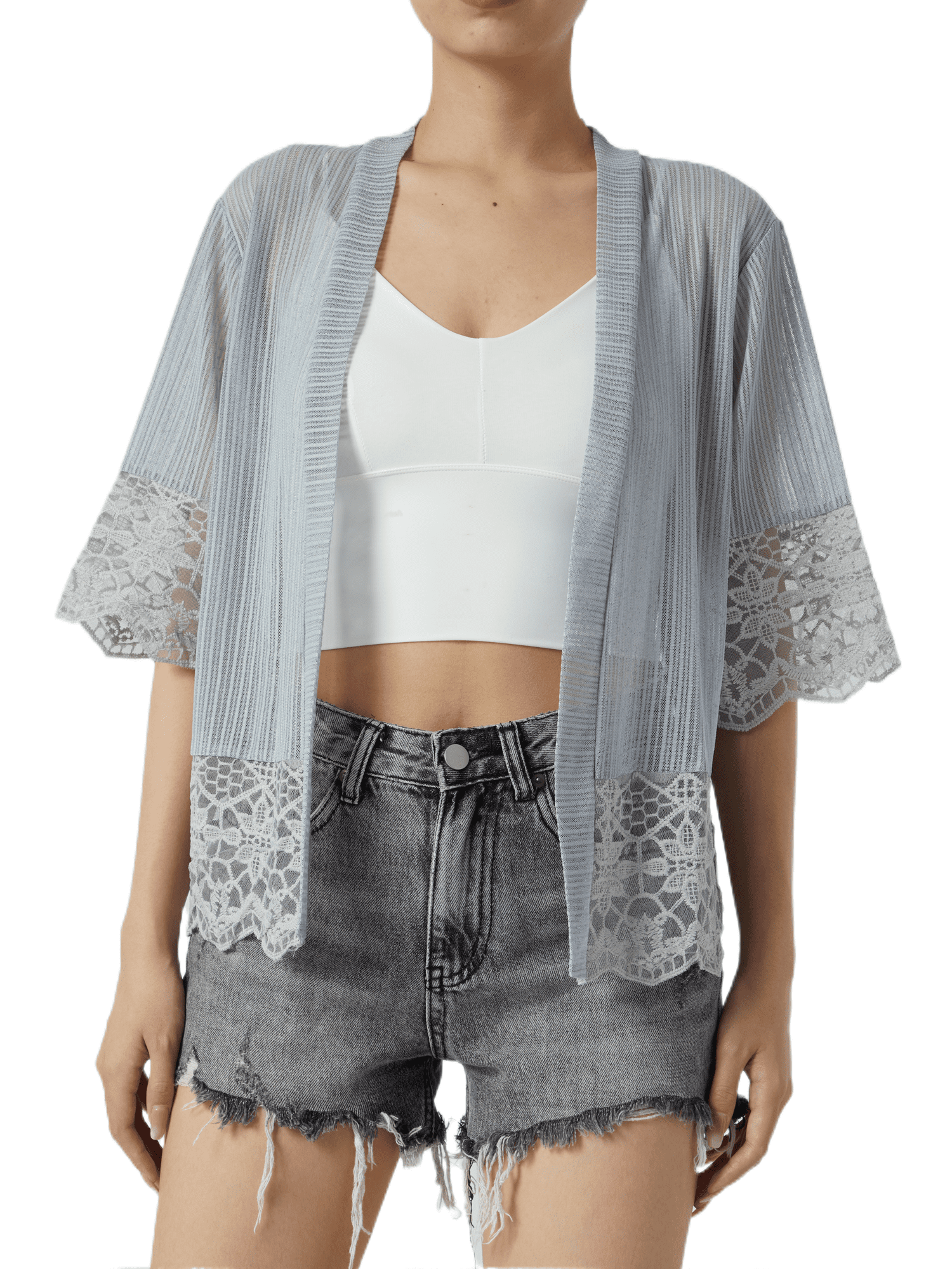 Liangchengmei Lace Sheer Cardigan Short Sleeve Ruffle Open Front Tops ...
