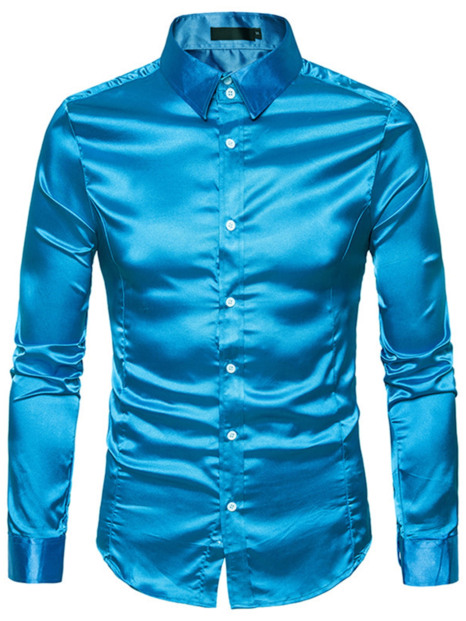Liangchengmei Men's Long Sleeve Satin Dress Shirt Solid Slim Fit Casual ...