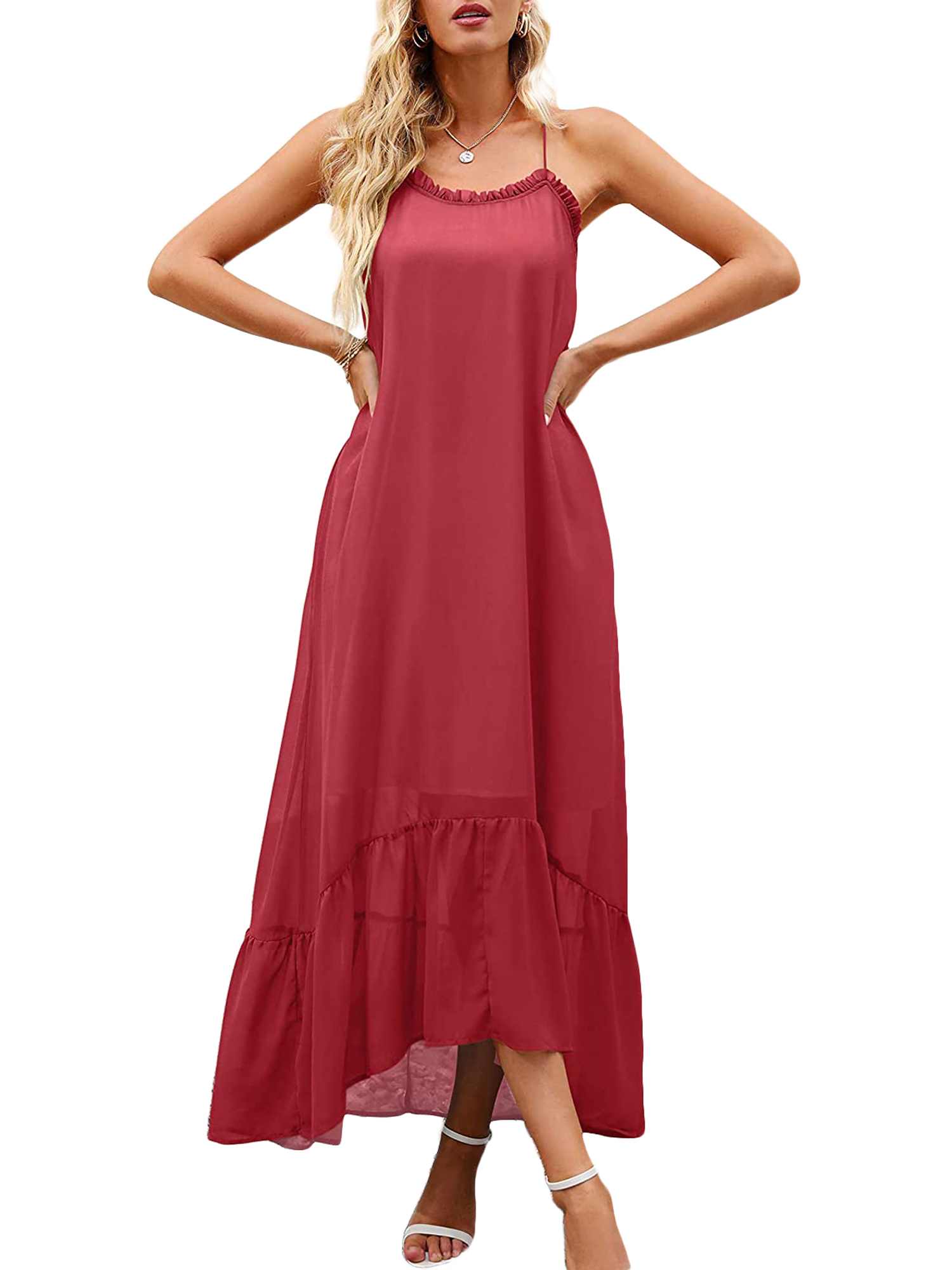 Liangchengmei Womens Summer High Low Ruffle Maxi Dress Spaghetti Strap ...