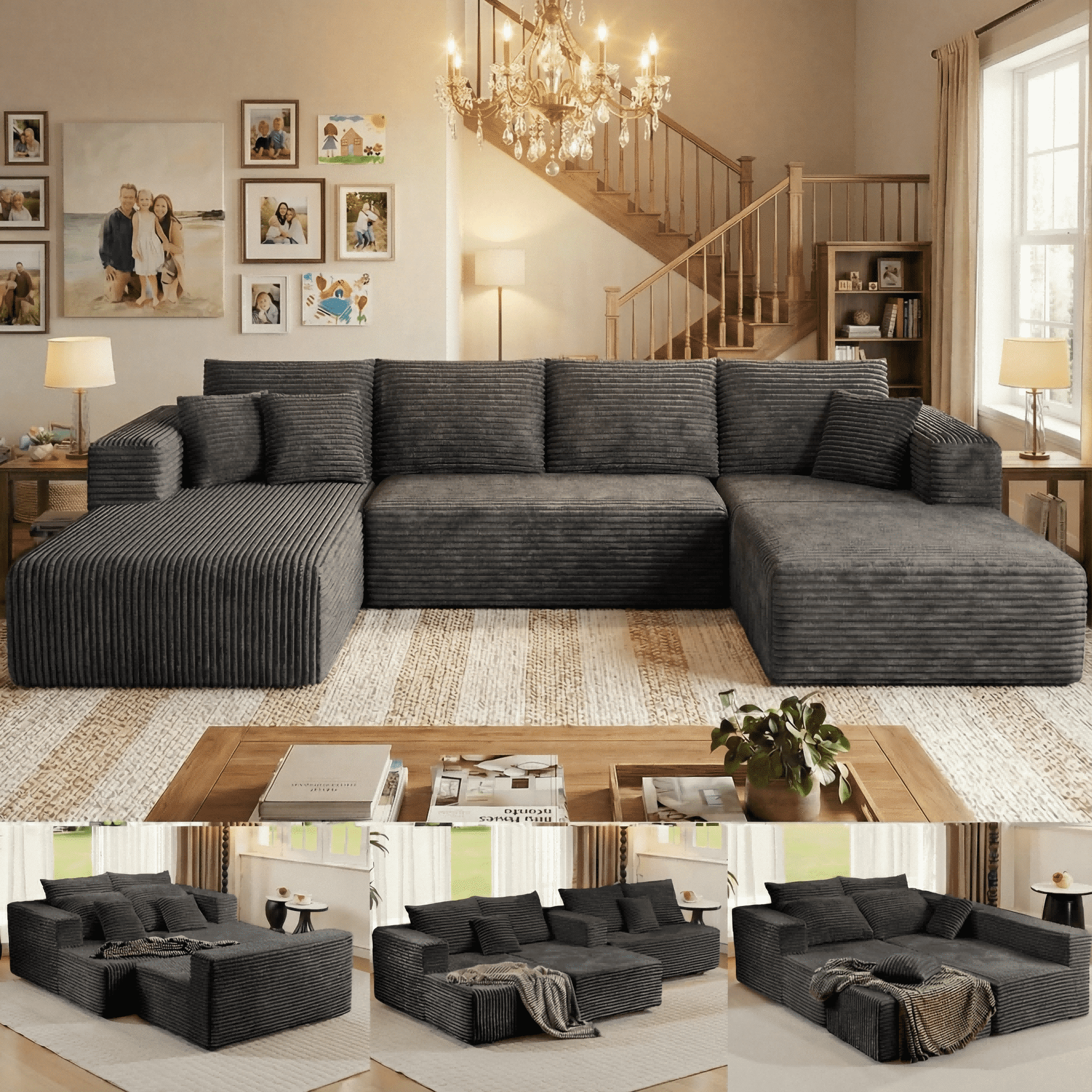 Liaroo 134.7" Sectional Sofa, Boneless Couch, U-Shaped Couches with ...