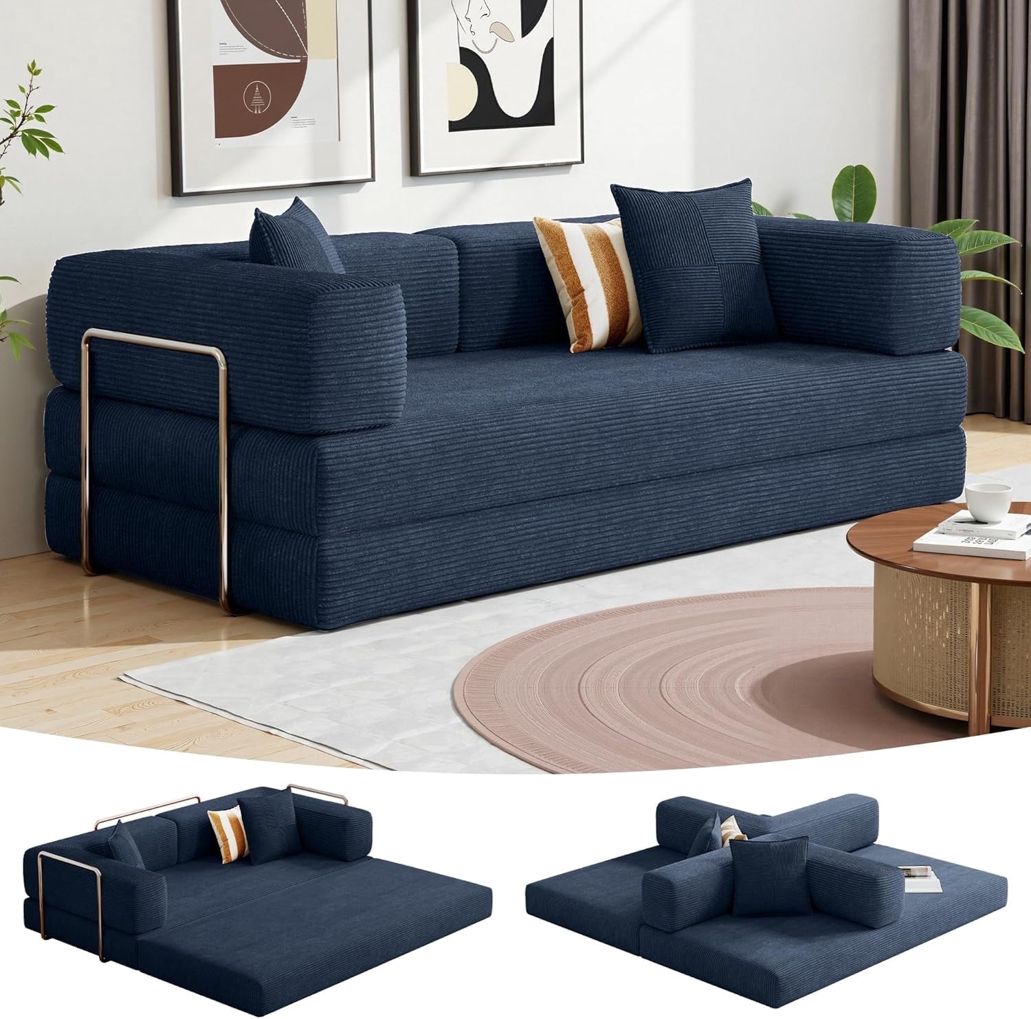 79" convertible sleeper sofa bed,5-in-1 corduroy boneless couch with ...