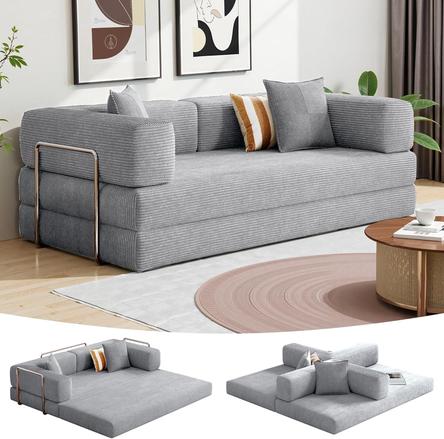 79" convertible sleeper sofa bed,5-in-1 boneless couch with side pocket ...