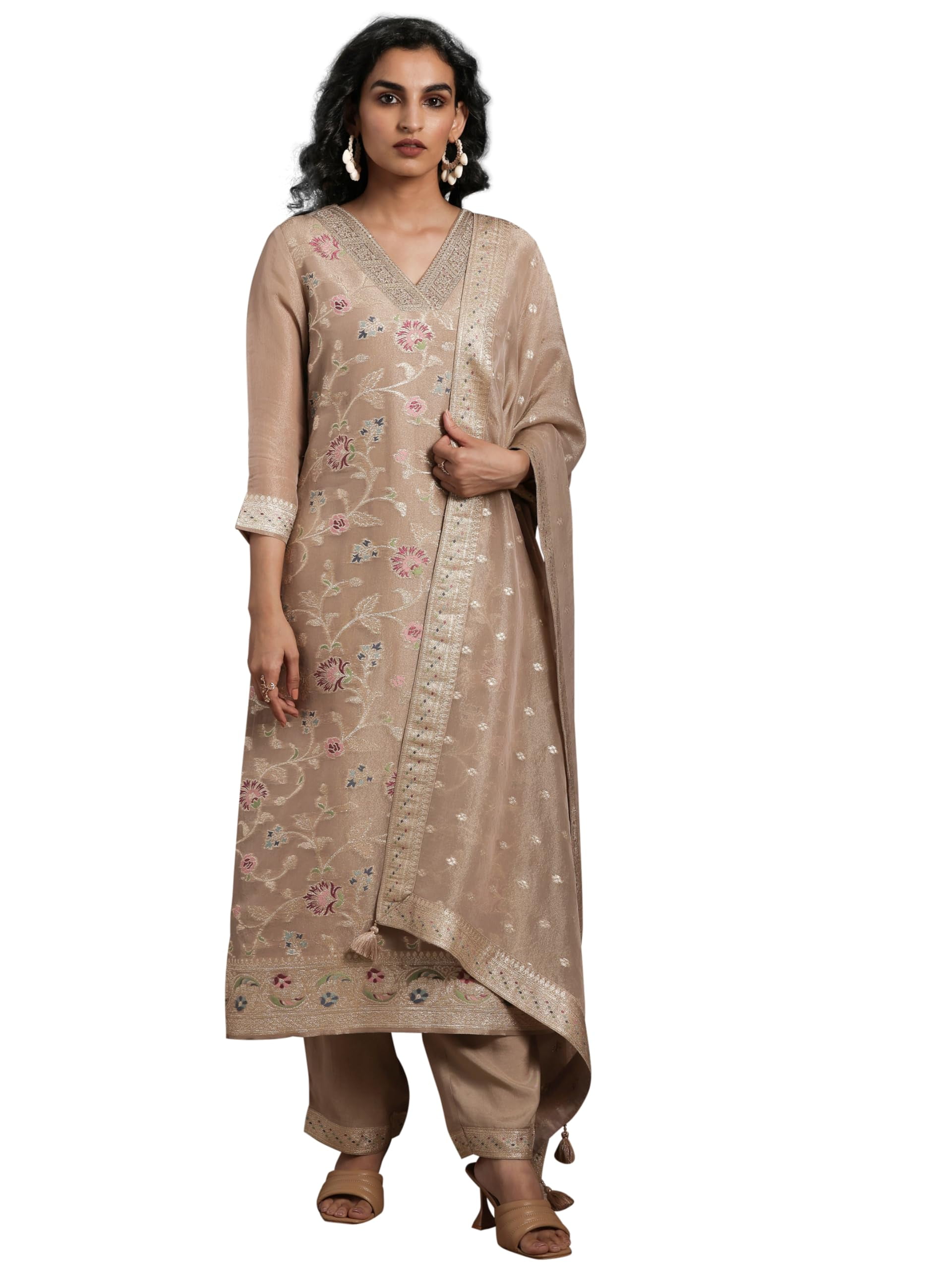Libas Womens Woven Design Silk Blend Straight Kurta With Palazzos And ...