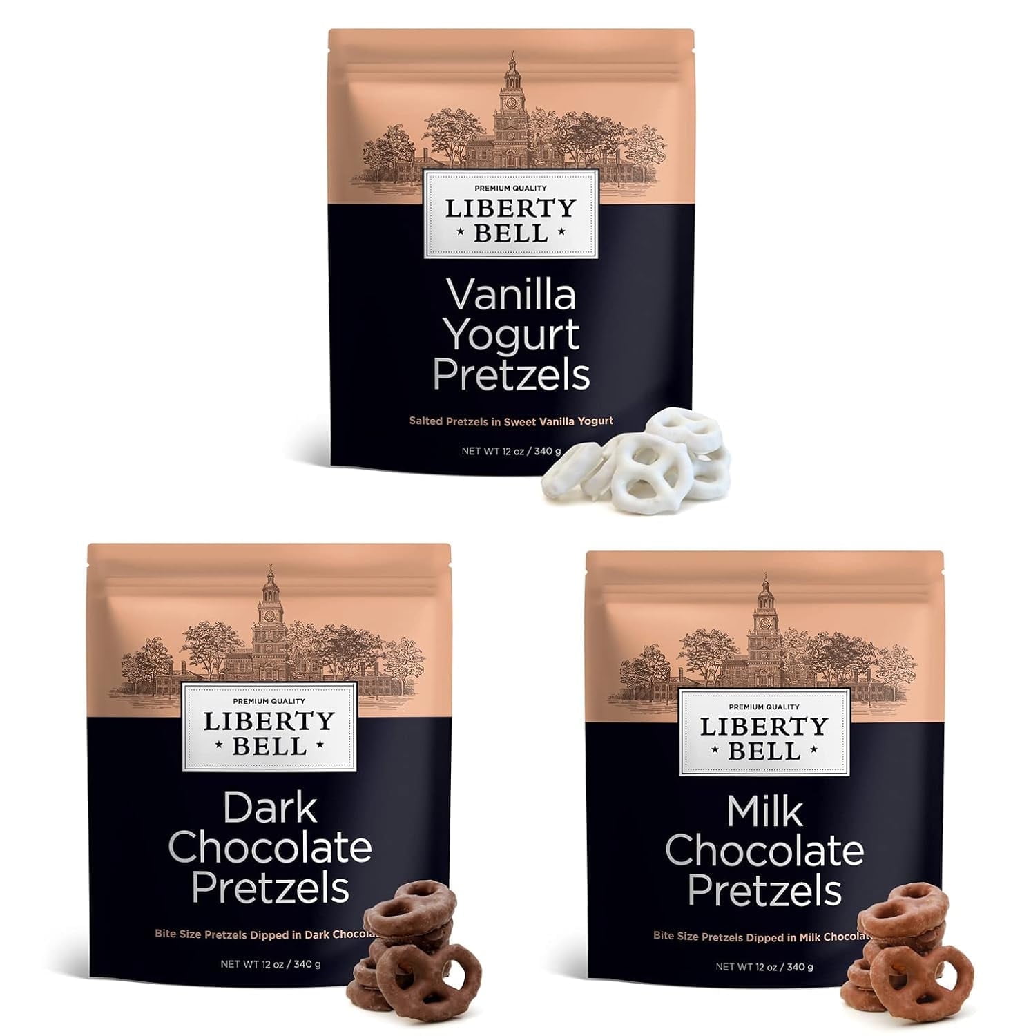 Liberty Bell Covered Pretzels Variety Pack, 3 Flavors, Dark Chocolate, Milk Chocolate, Vanilla ...