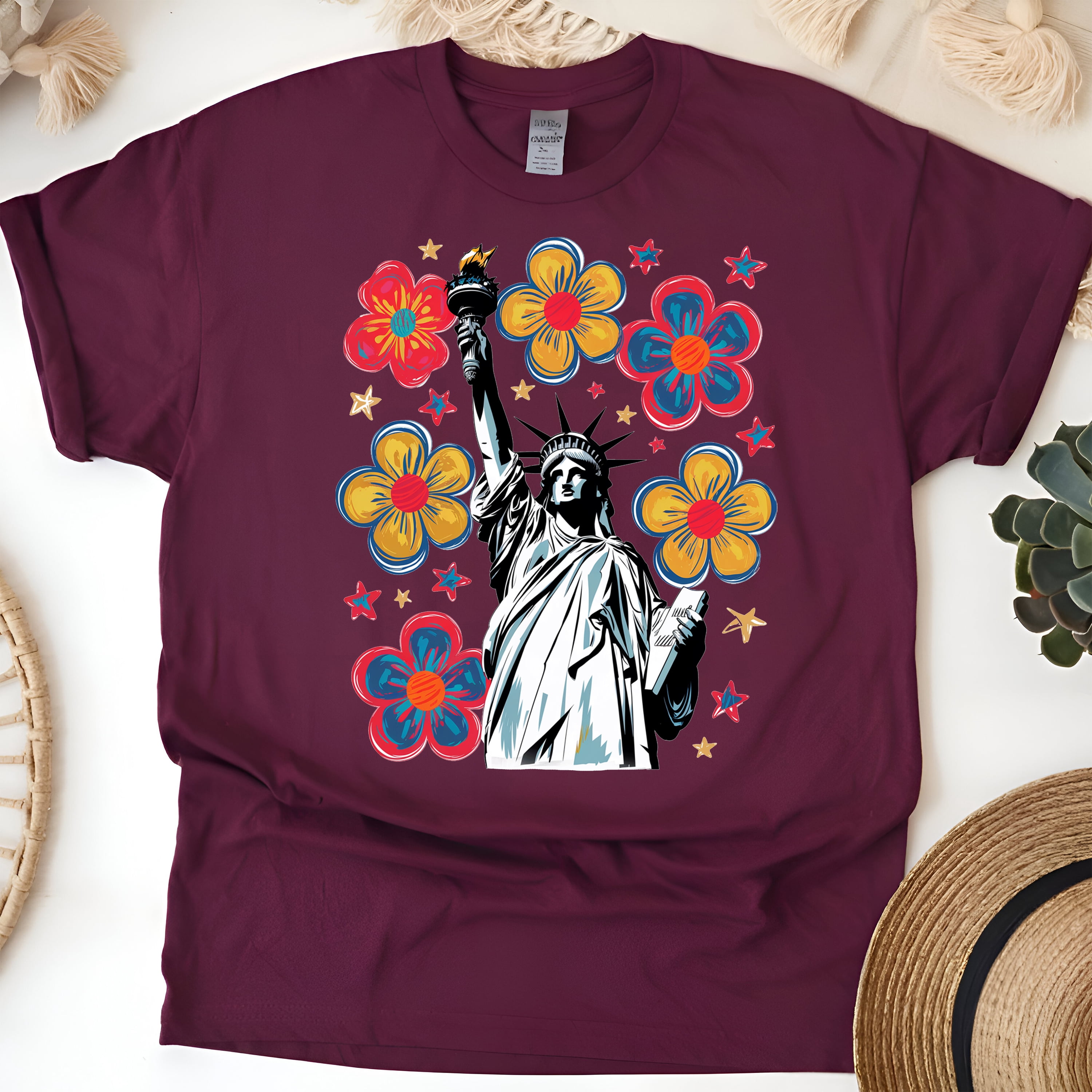 Liberty Flower Power T-Shirt for Women, Retro USA Statue of Liberty ...