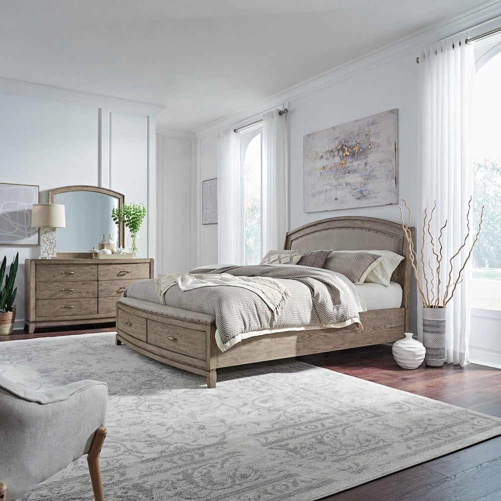 Liberty Furniture Avalon King Upholstered Storage Bed, Dresser & Mirror ...