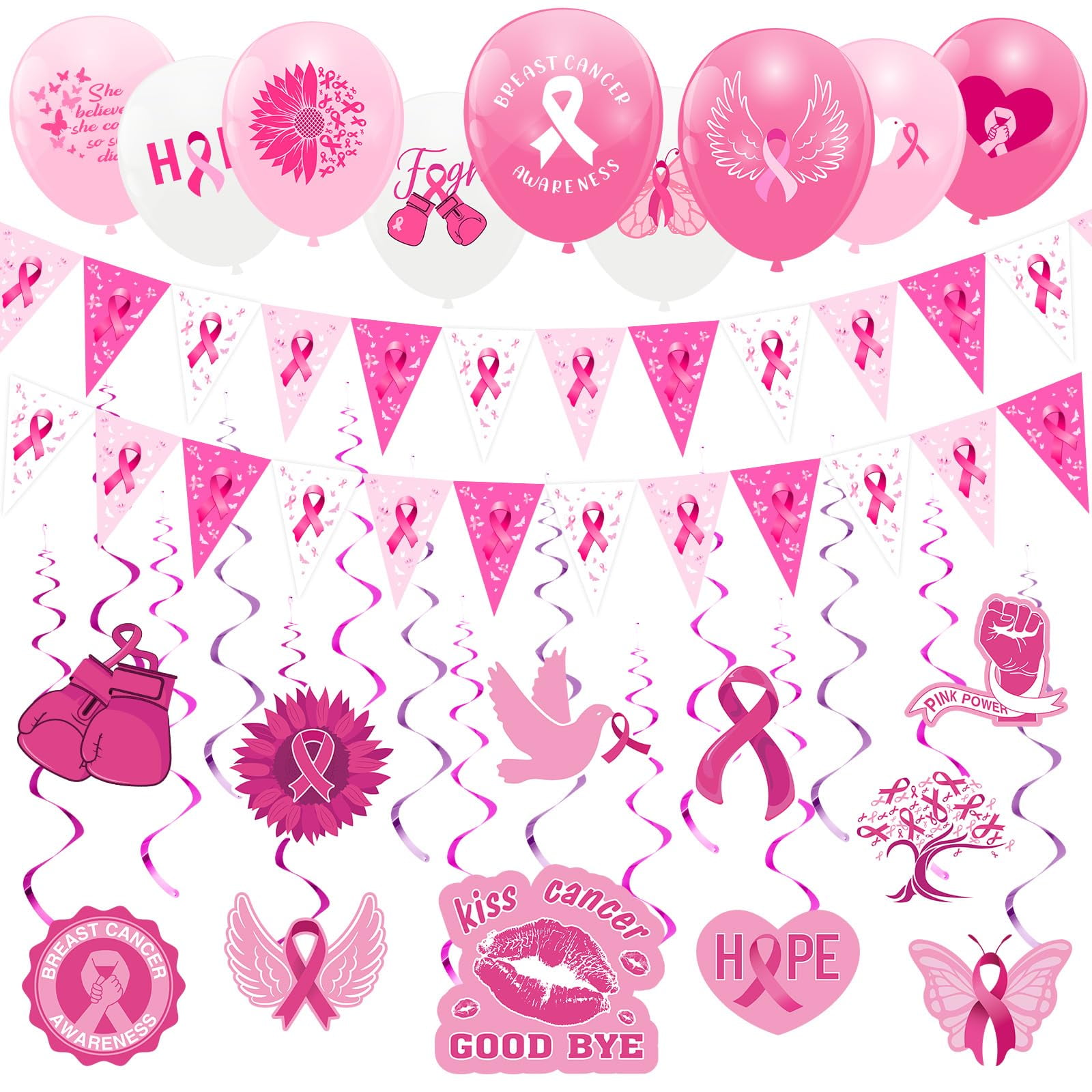 Libima 101 Pcs Breast Cancer Awareness Decorations, Pink Hanging Swirls ...
