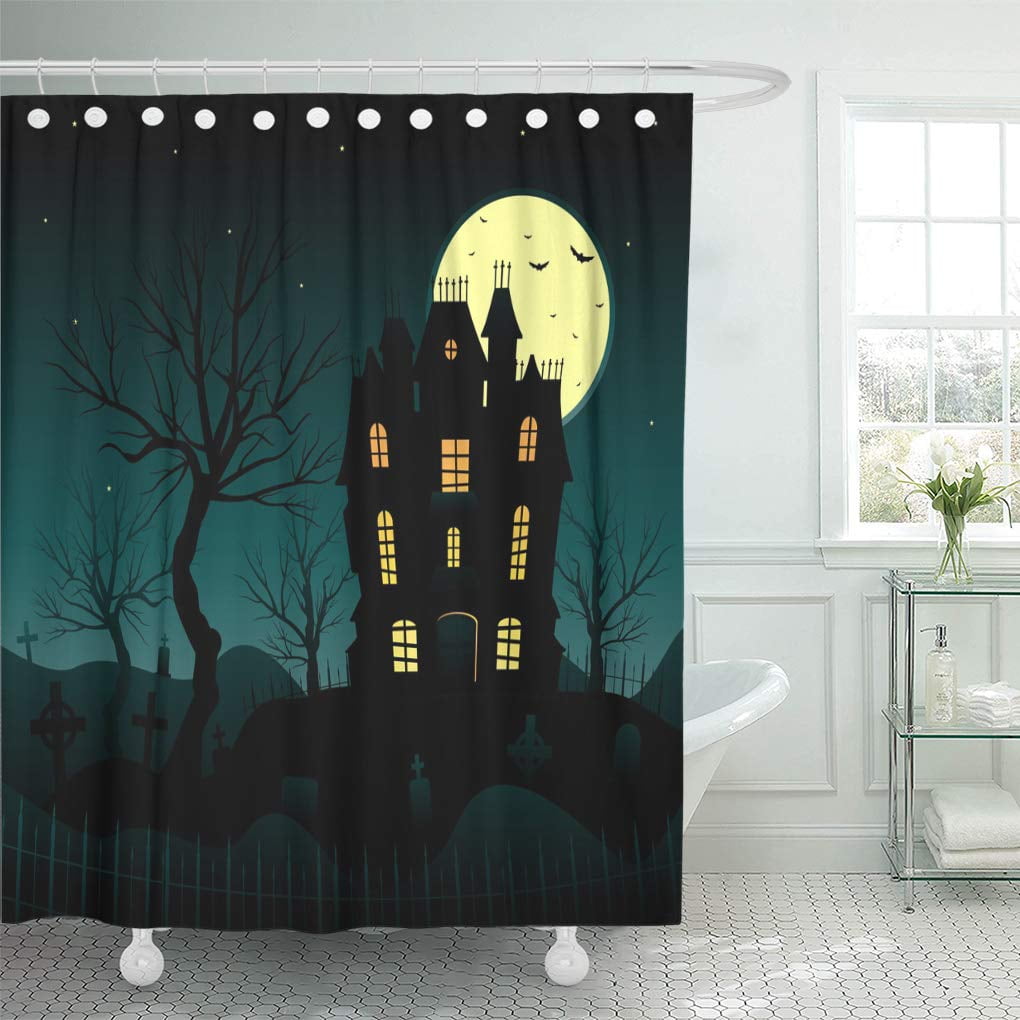 Libin Autumn Blue Horror Halloween Haunted House Creepy Bats Cemetery Shower Curtain 66x72 inch ...
