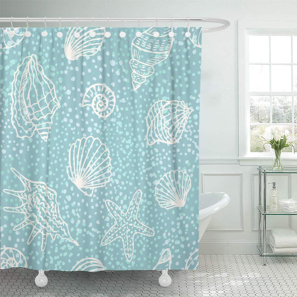 Libin Beach Seamless Pattern Shells Turquoise Background White Contours ...