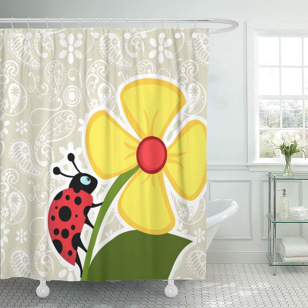 Libin Red Cute Ladybug on Ecru Girly Pattern Flower Cool Shower Curtain ...