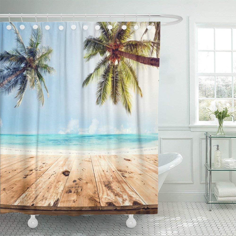 Libin Top of Wood Table with Blurred Sea and Coconut Tree Empty Ready ...